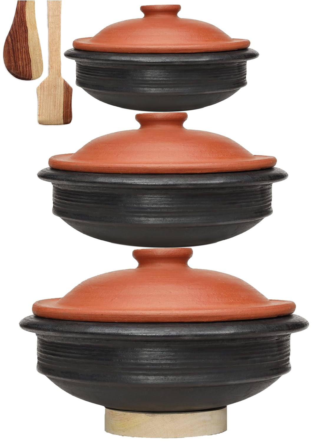Deep Burned Uncoated Clay Pot Or Mitti Handi With Lid Combo + 2 Wooden ...