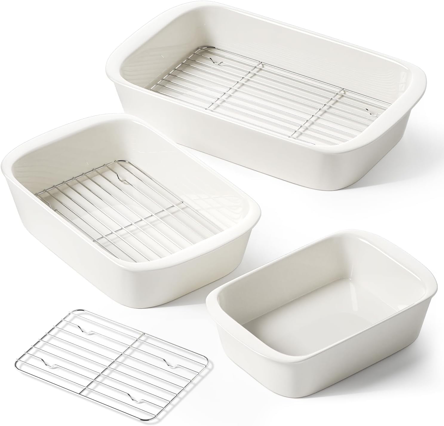 Deep Casserole Dishes for Oven, 13.7”x9.6” Ceramic Baking Dish Set with Roasting Racks, White (4 ...