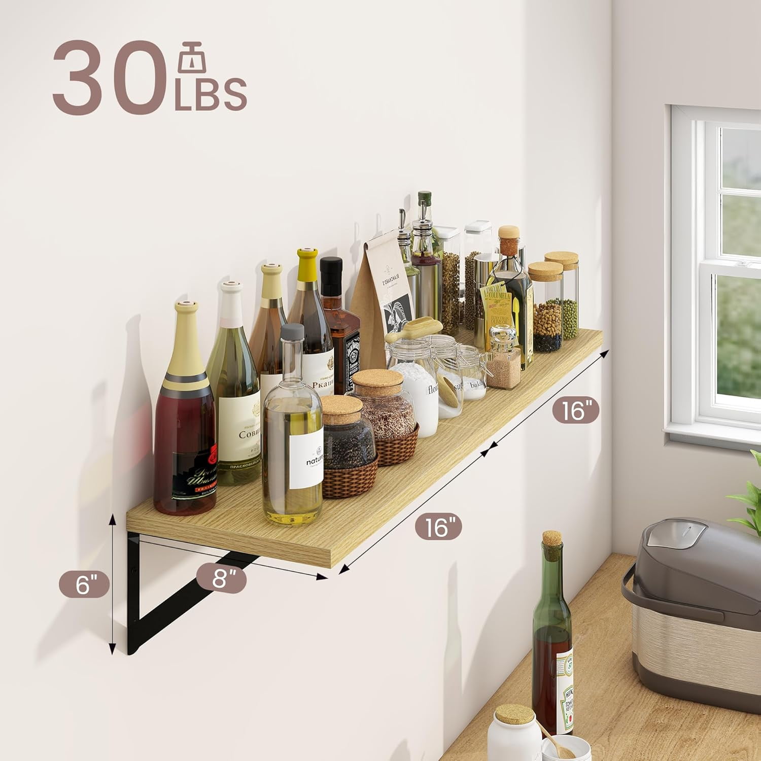 Deep Floating Shelves for Wall, 16W x 8D Wall Mounted Shelves Set of 2 ...