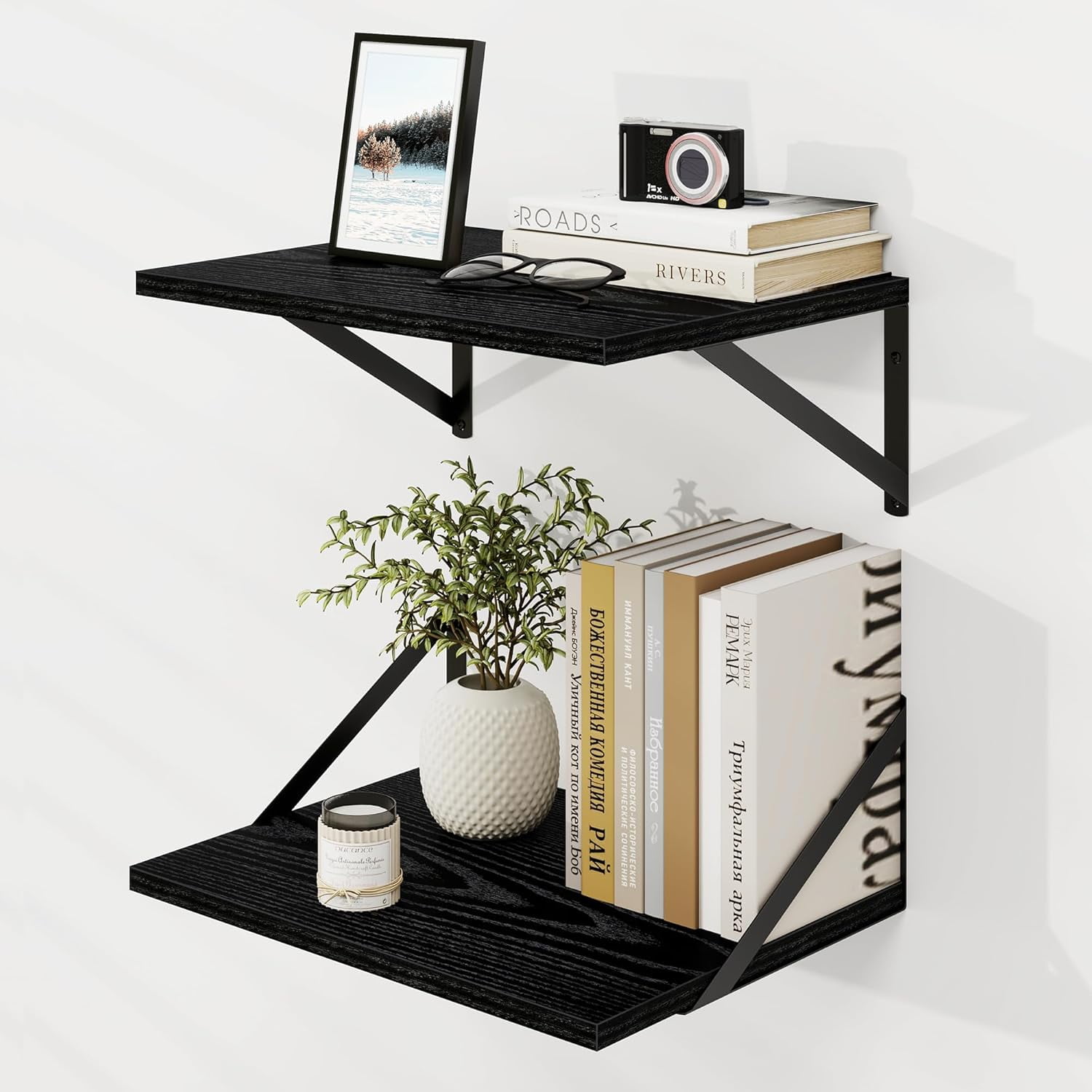 Deep Floating Shelves for Wall, Black Wood Wall Mounted Shelves, Large ...