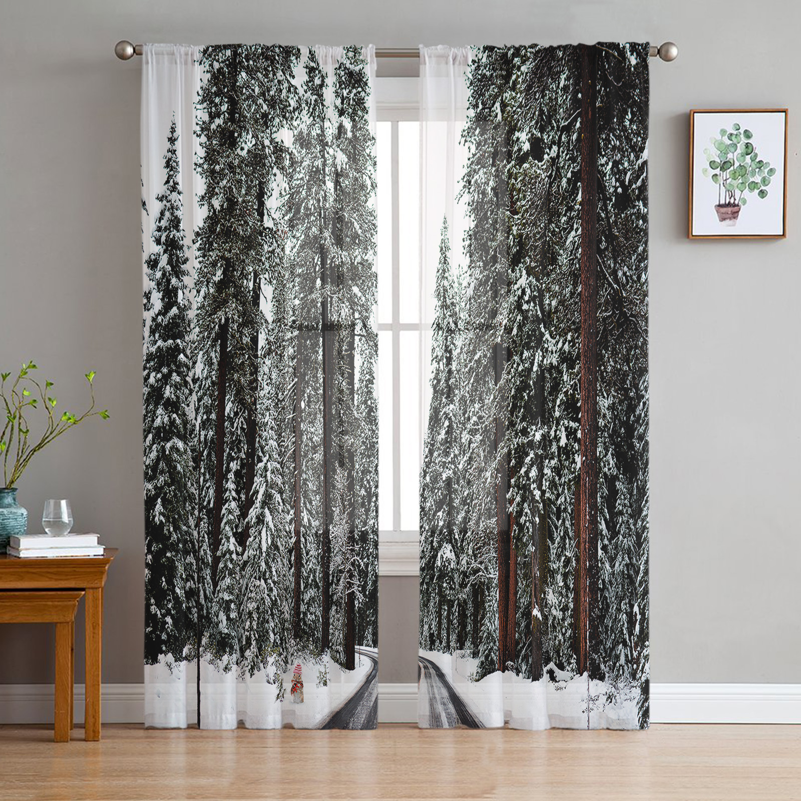 Deep Forest Snow Scene Tulle Curtains for Living Room Drapes Window ...