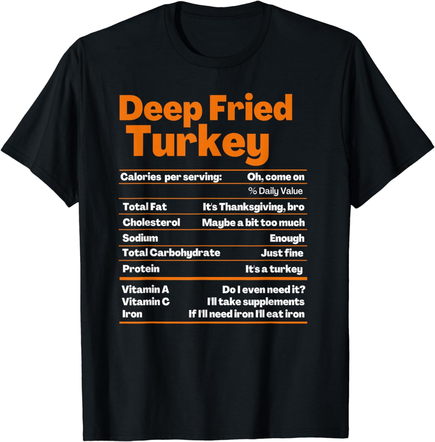Deep Fried Turkey Shirt Thanksgiving Nutrition Facts Tee T-Shirt ...