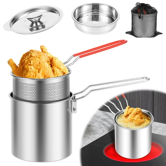 Deep Fryer Pot 304 Stainless Steel Frying Pan with Strainer Basket and ...