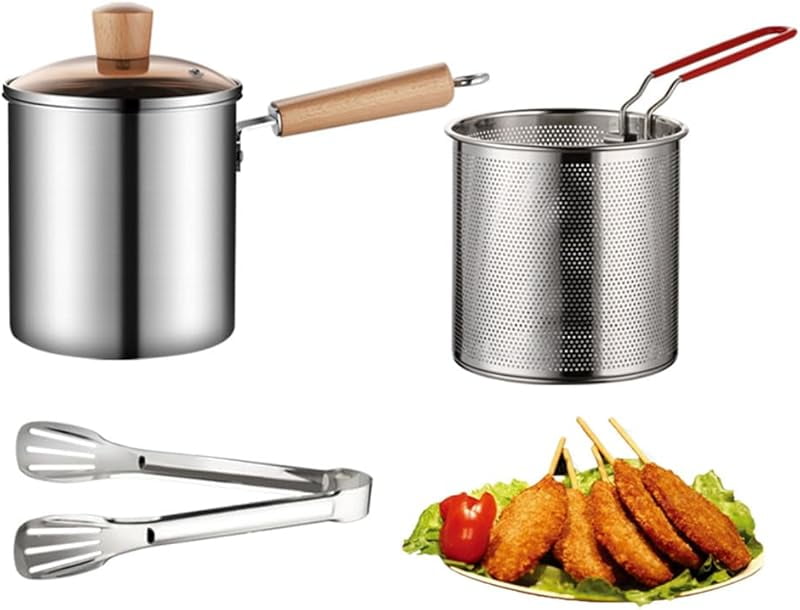 Deep Fryer Pot 304 Stainless Steel Frying Pan with Strainer Basket and ...