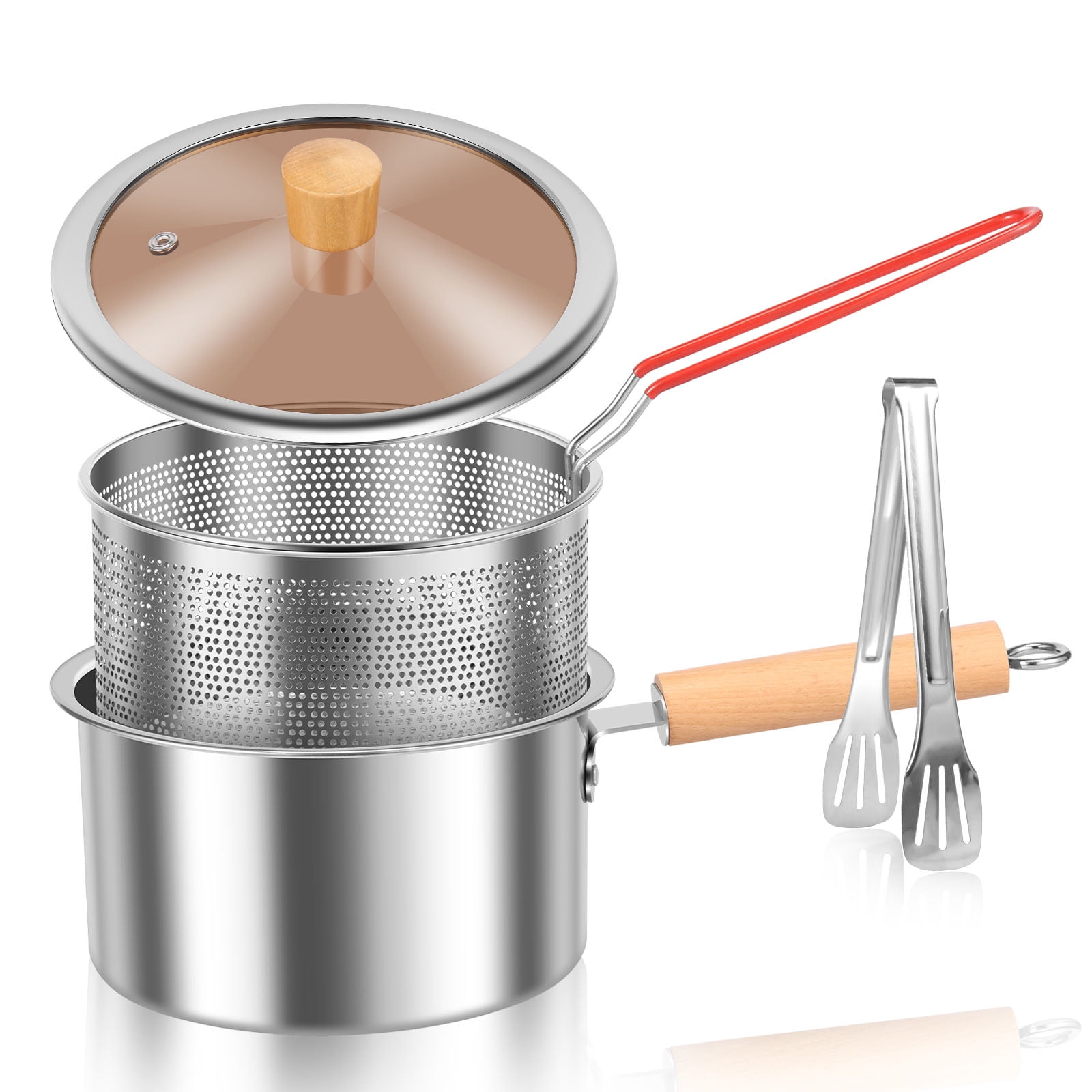 Deep Fryer Pot 304 Stainless Steel Frying Pan with Strainer Basket and ...