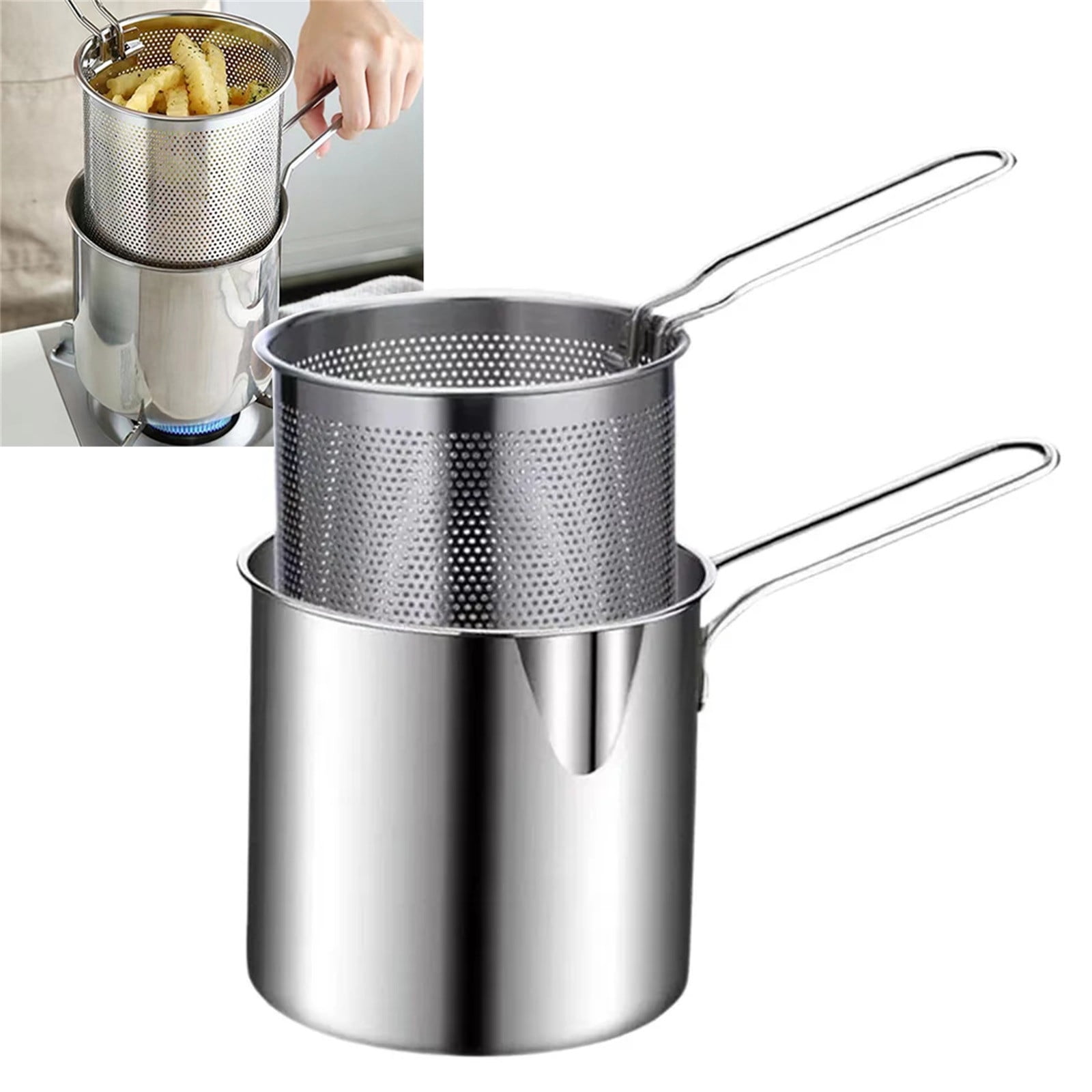 Deep Fryer Pot with Basket 2Pcs 1.2L Handled Stainless Steel Chip Pan ...