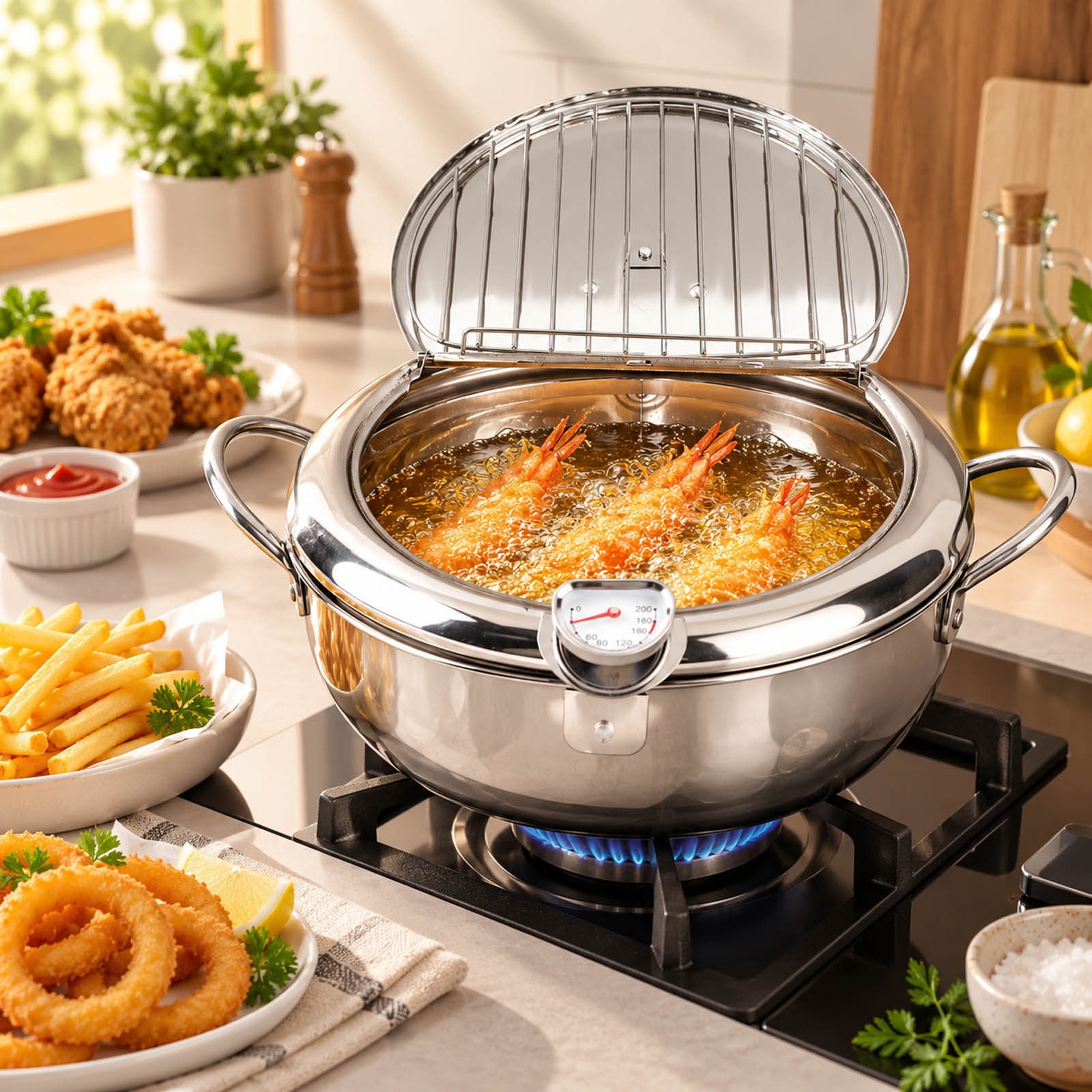 Deep Fryer Pot Stainless Steel Frying Pan with Thermometer Rack & Lid ...