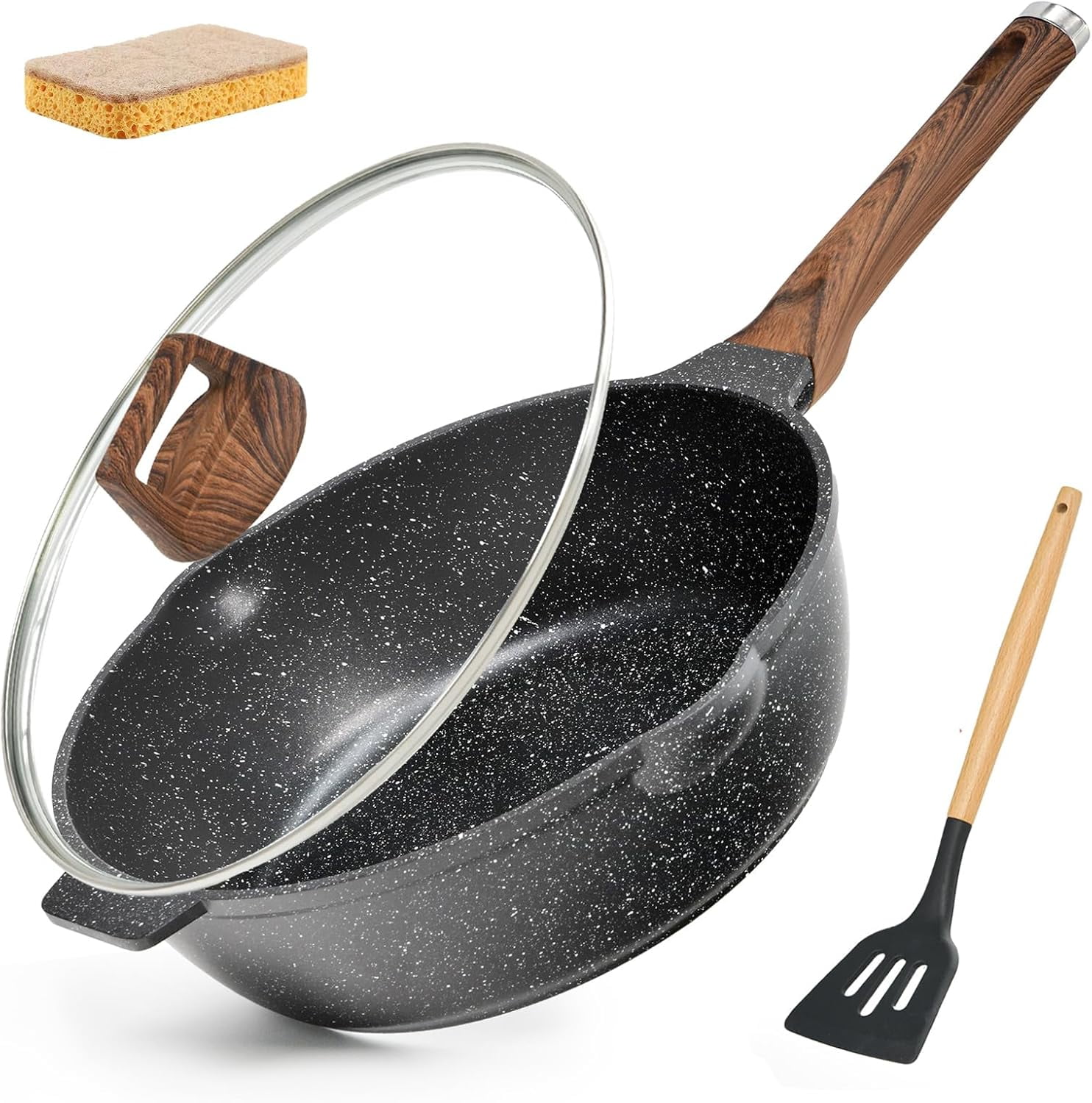 Deep Frying Pan Nonstick with Lid and Spatula, 12 inch / 5.5 Quart Non ...