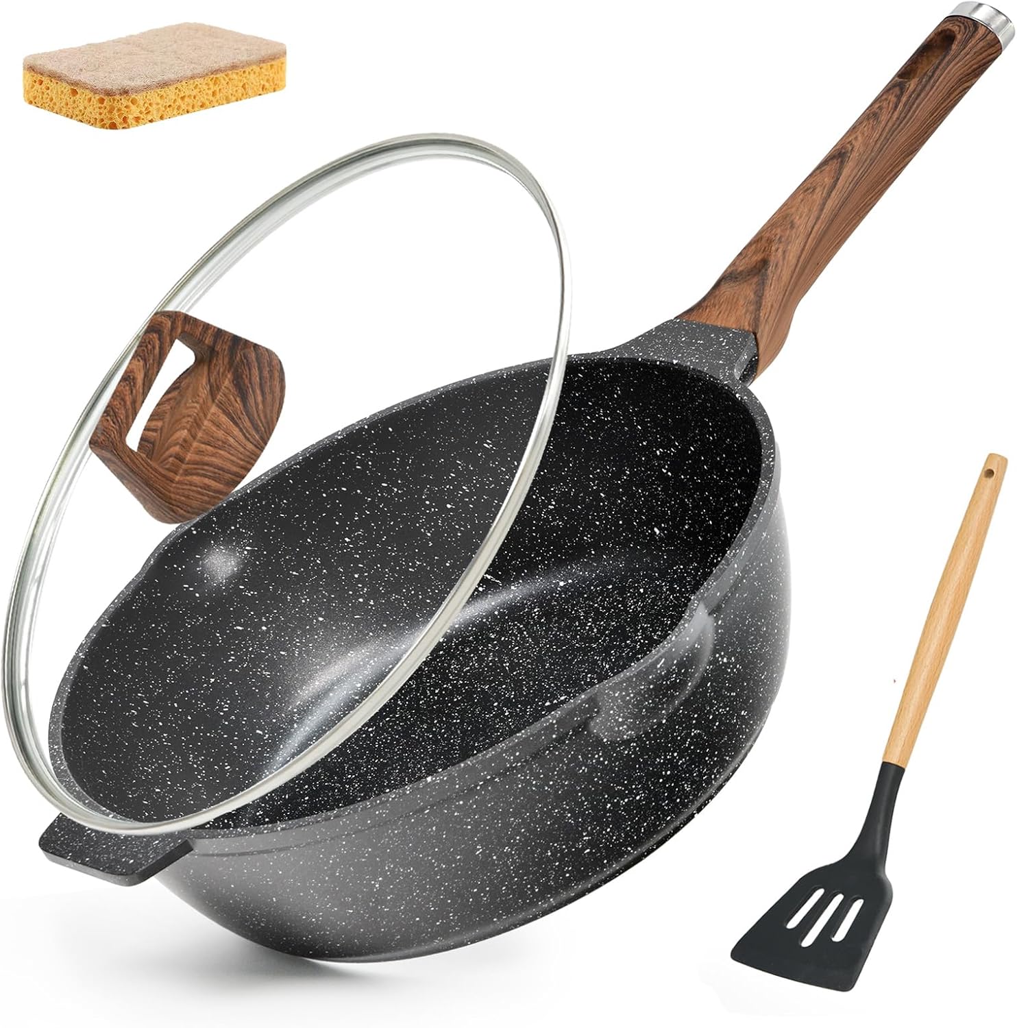 Deep Frying Pan Nonstick with Lid and Spatula, 12 inch / 5.5 Quart ...