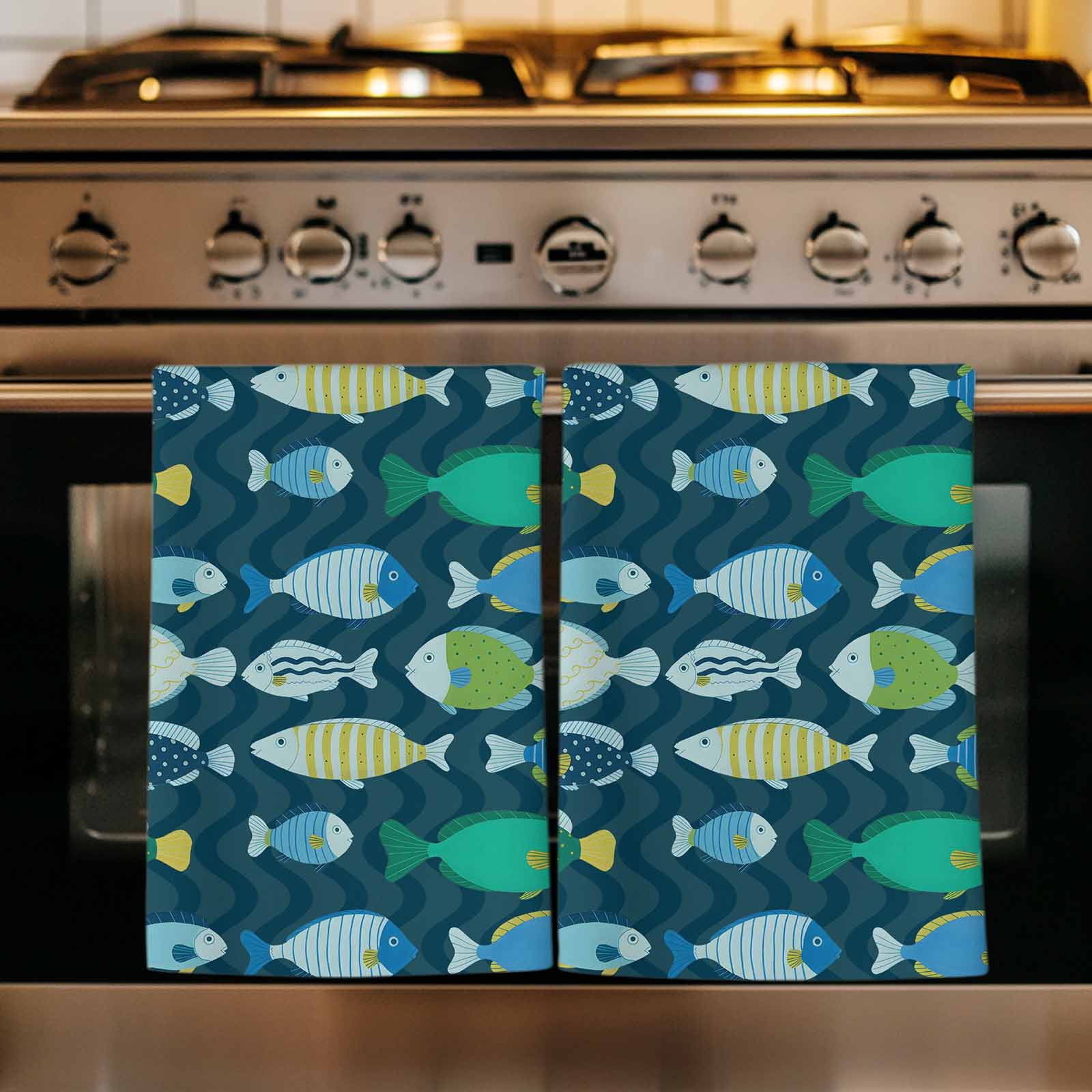 Deep Green Fishes Kitchen Towels Set of 1, Cartoon Coastal Ocean Fish ...