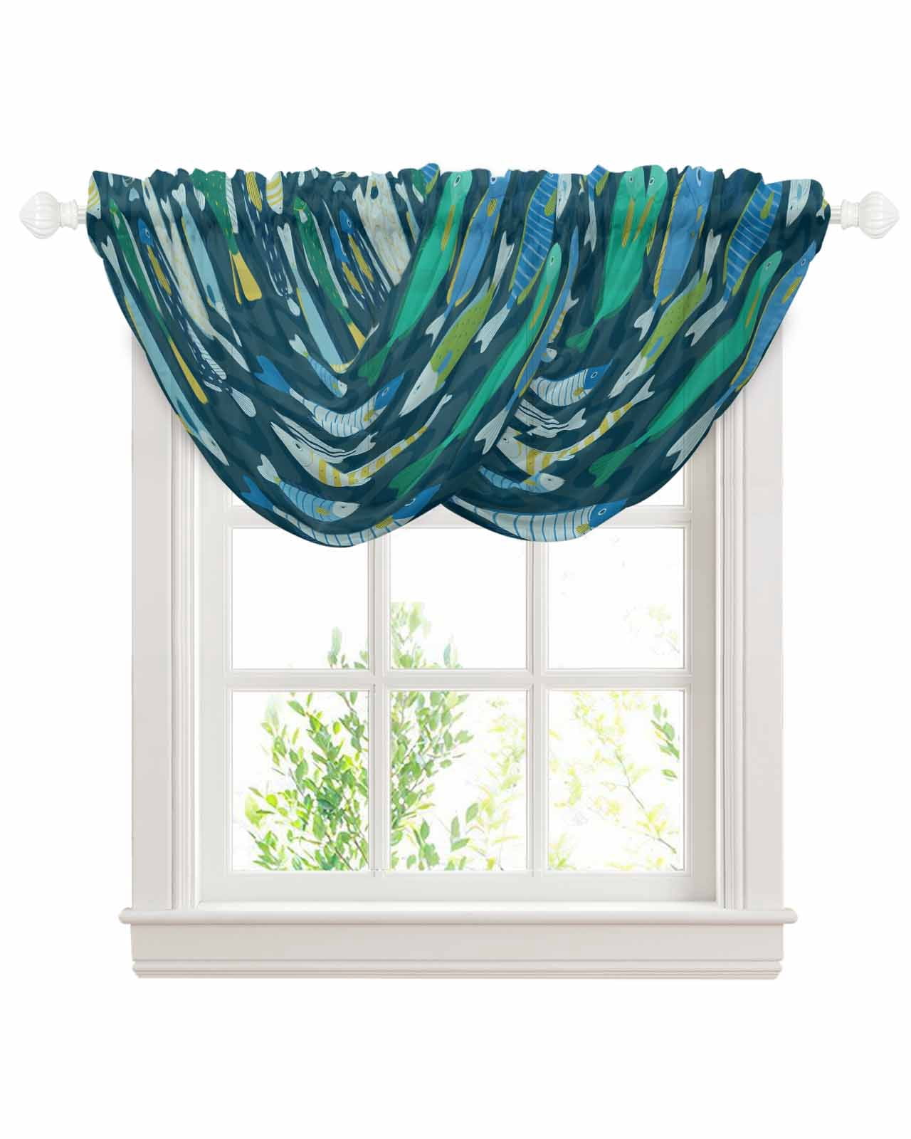 Deep Green Fishes Sheer Waterfall Valance Curtains for Window, Cartoon ...