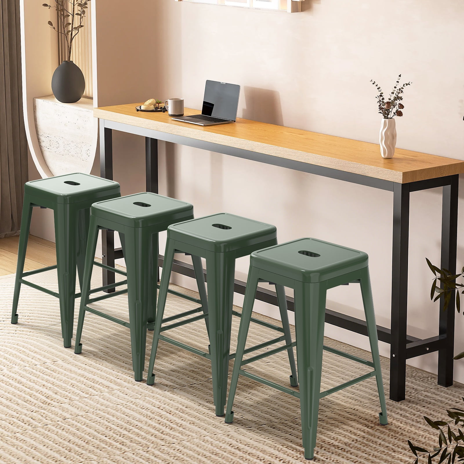 Deep Green Metal Barstools Set of 4, 24" High Bar Stools Backless ...