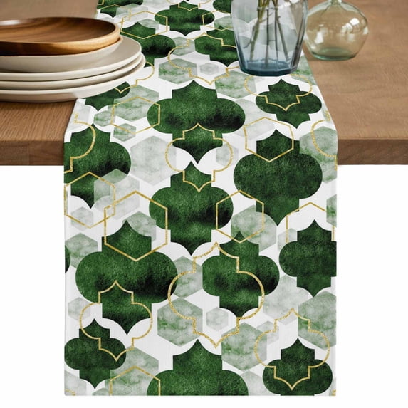 Deep Green Moroccan Table Runner, Abstract Gradient Gold Green ...