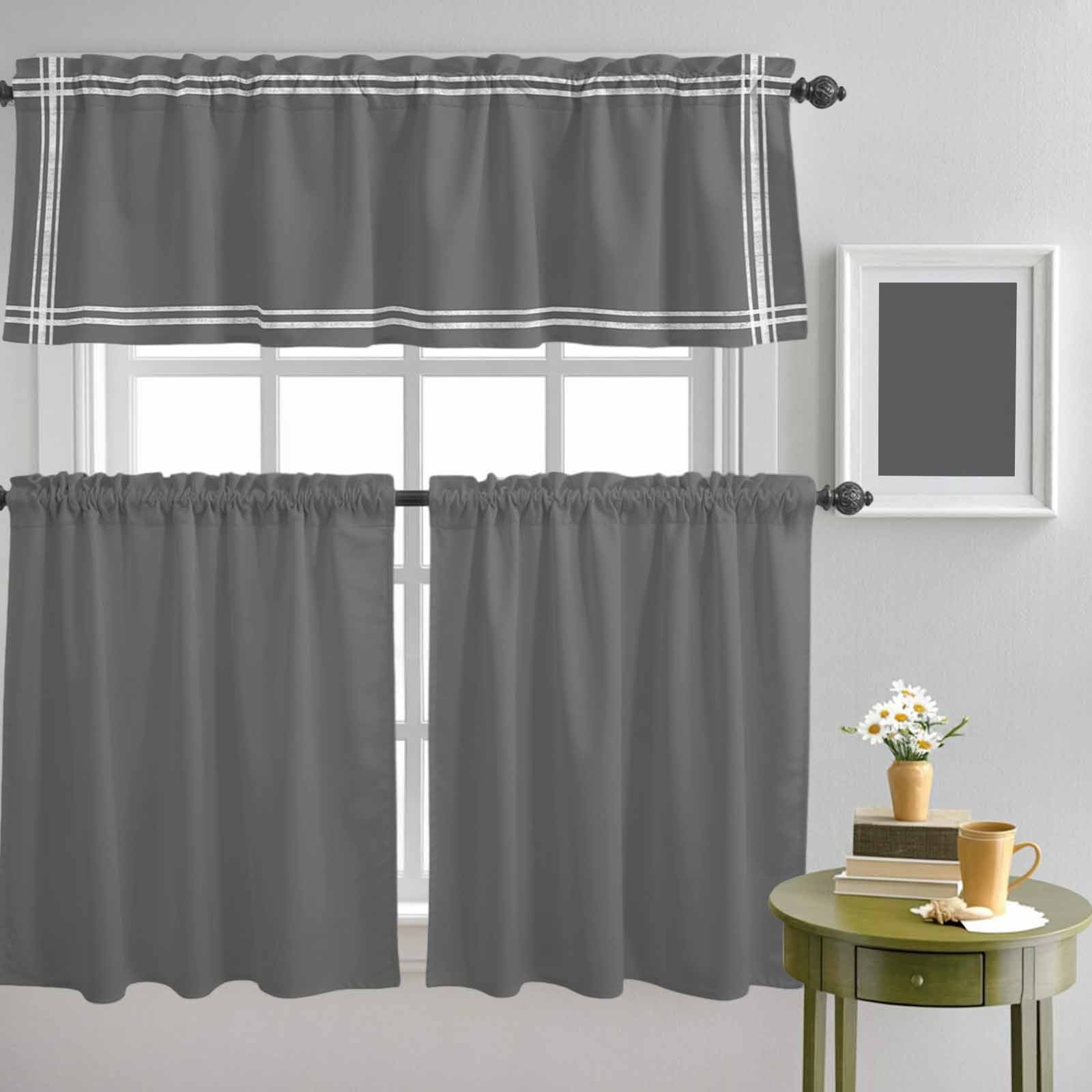 Deep Grey Curtain Tier and Valance Set 3 Piece, Minimalist Art 3-inch ...