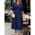 Deep Navy Blue Polka Dot V-Neck Short Sleeve A-Line Midi Dress For ...