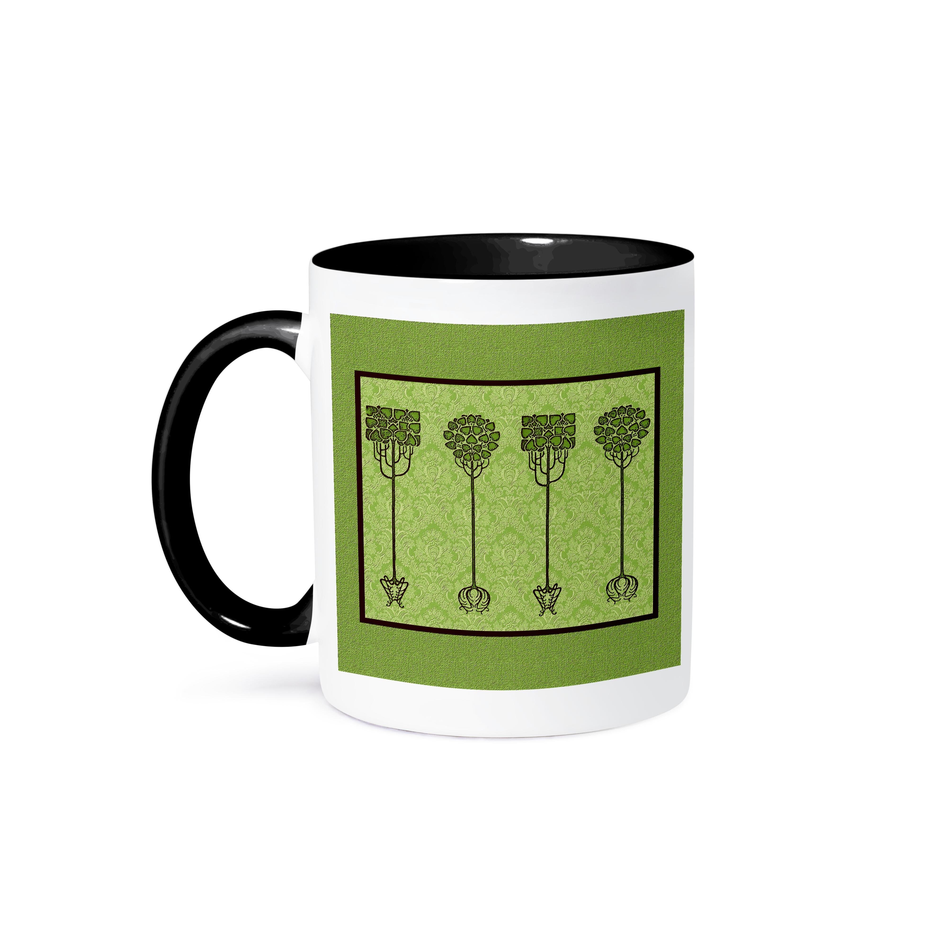 Deep Olive Green Trees On Muted Lime Damask Background, 15oz Two-Tone ...