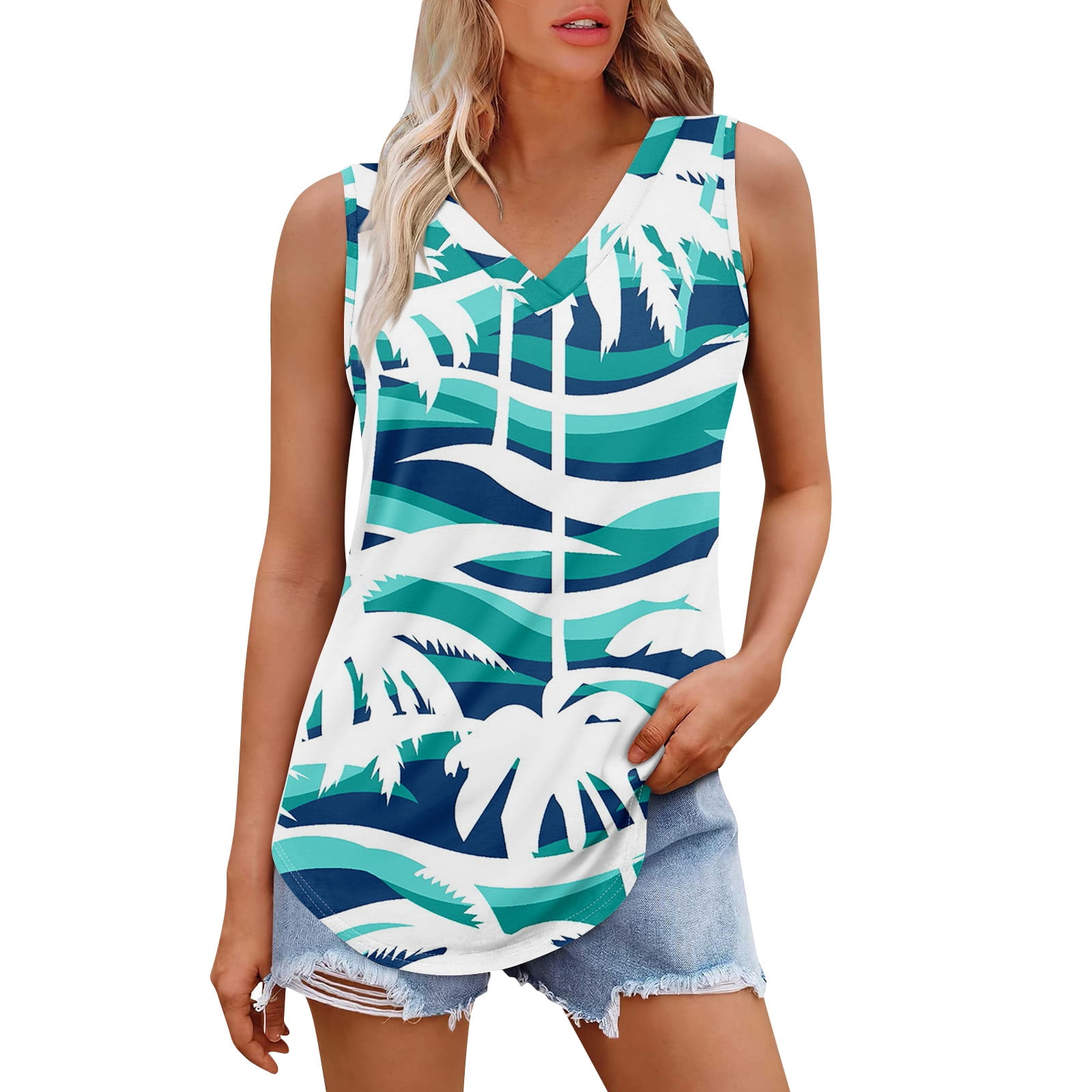 Women's Sleeveless V-Neck Palm Tree Print Casual Summer Tank Top ...