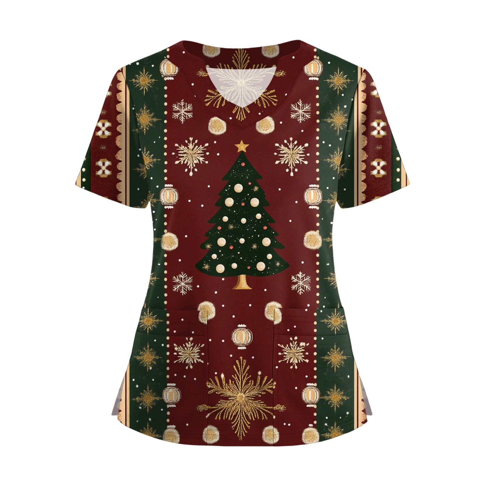 Deep Red Christmas Tunic Women'S Cute Christmas Print Care Smock V-Neck ...