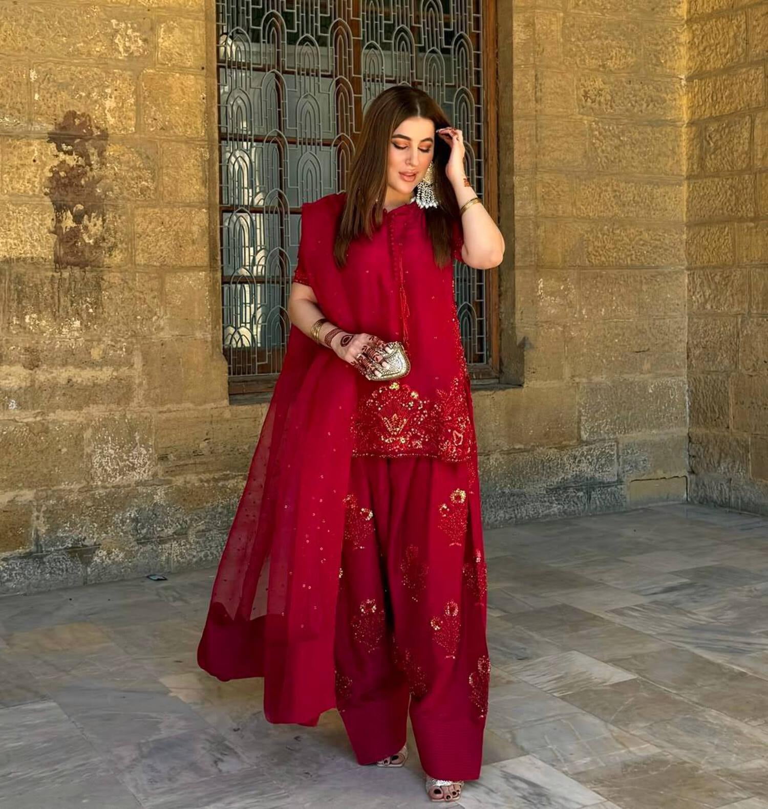 Deep Red Embroidered Short Kurta with Dhoti Pants Dupatta salwar kameez ...
