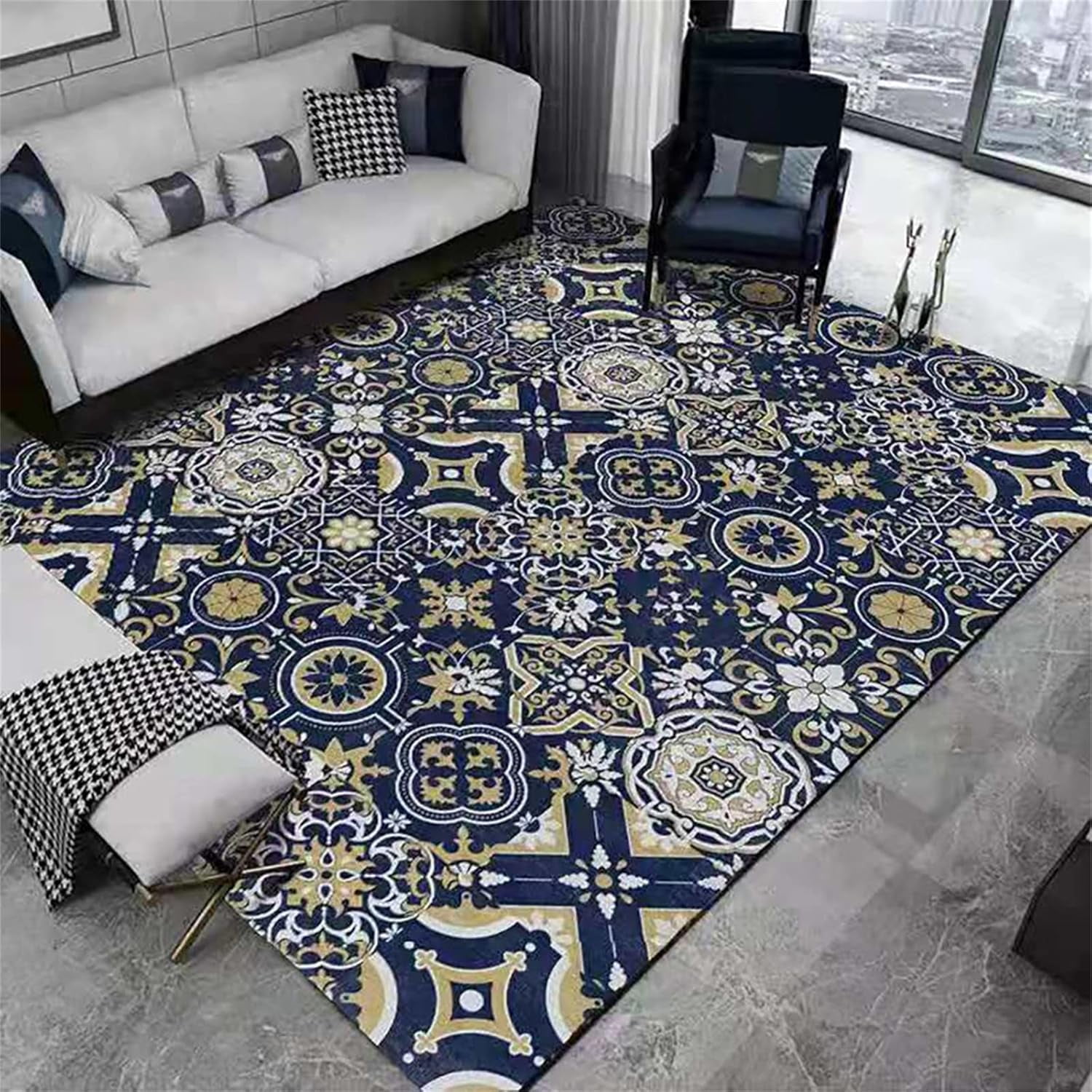 Deep Red Golden Living Room Rug, Blue Patchwork Geometric Carpet ...