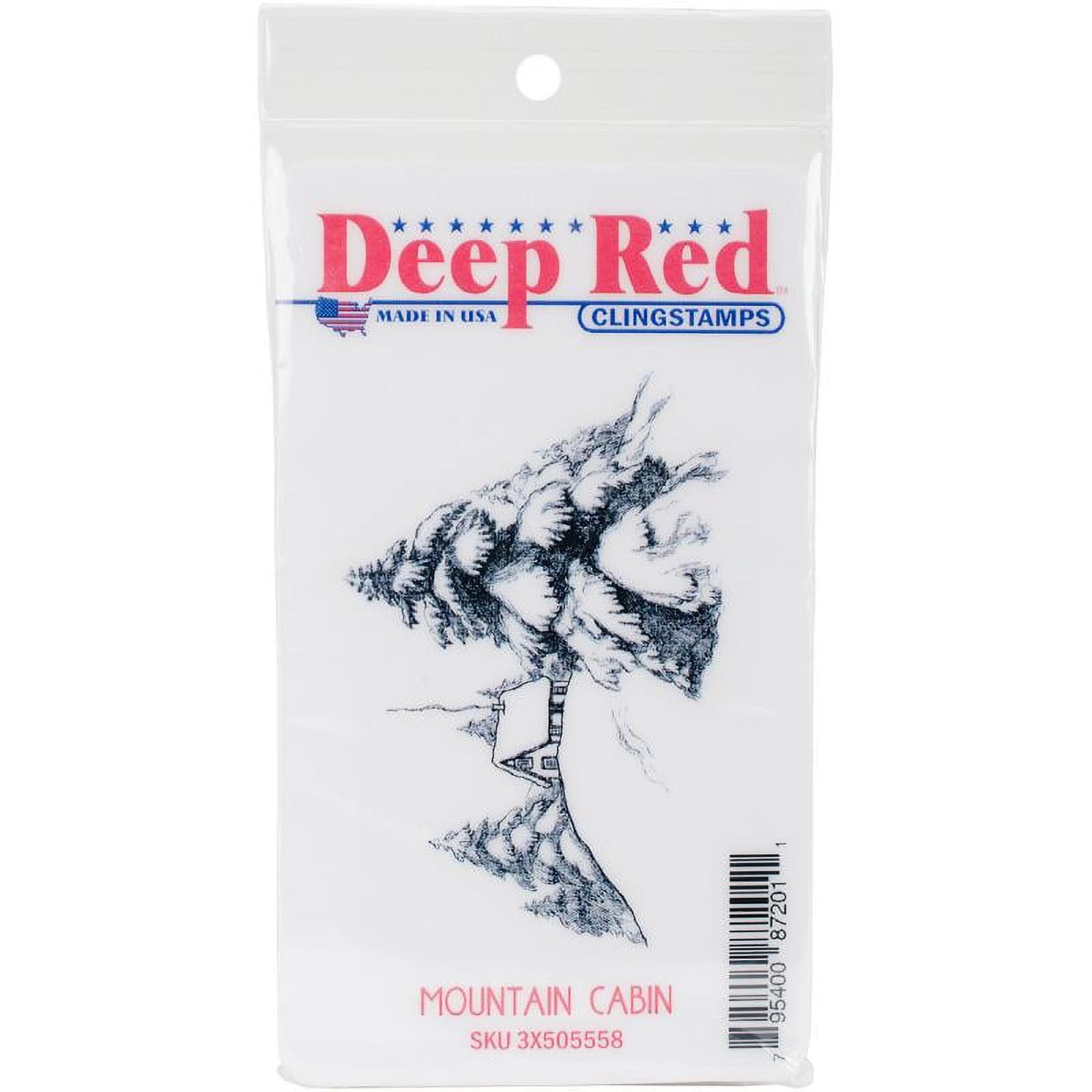 Deep Red Rubber Stamp Rustic Mountain Log Cabin Scene Snowey Pines Pine ...