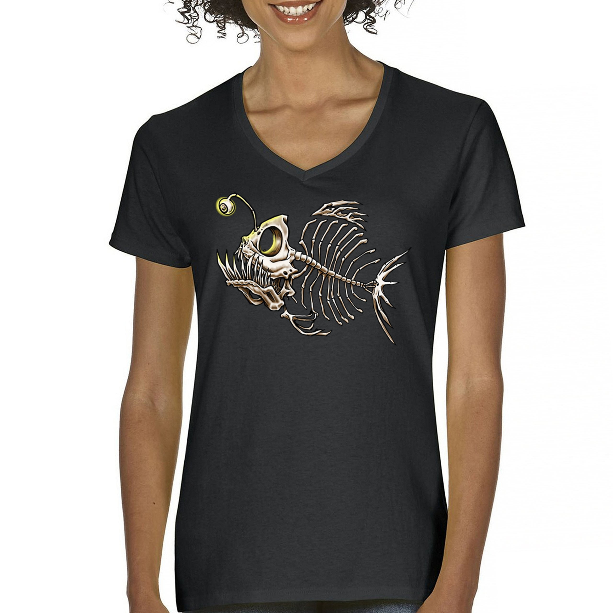 Deep Sea Angler Fish Skeleton Women's V-Neck T-shirt Fishermen Fishing ...