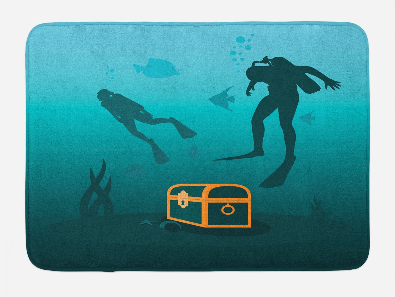 Deep Sea Bath Mat, Silhouettes of Divers and a Sunken Ship Treasure ...