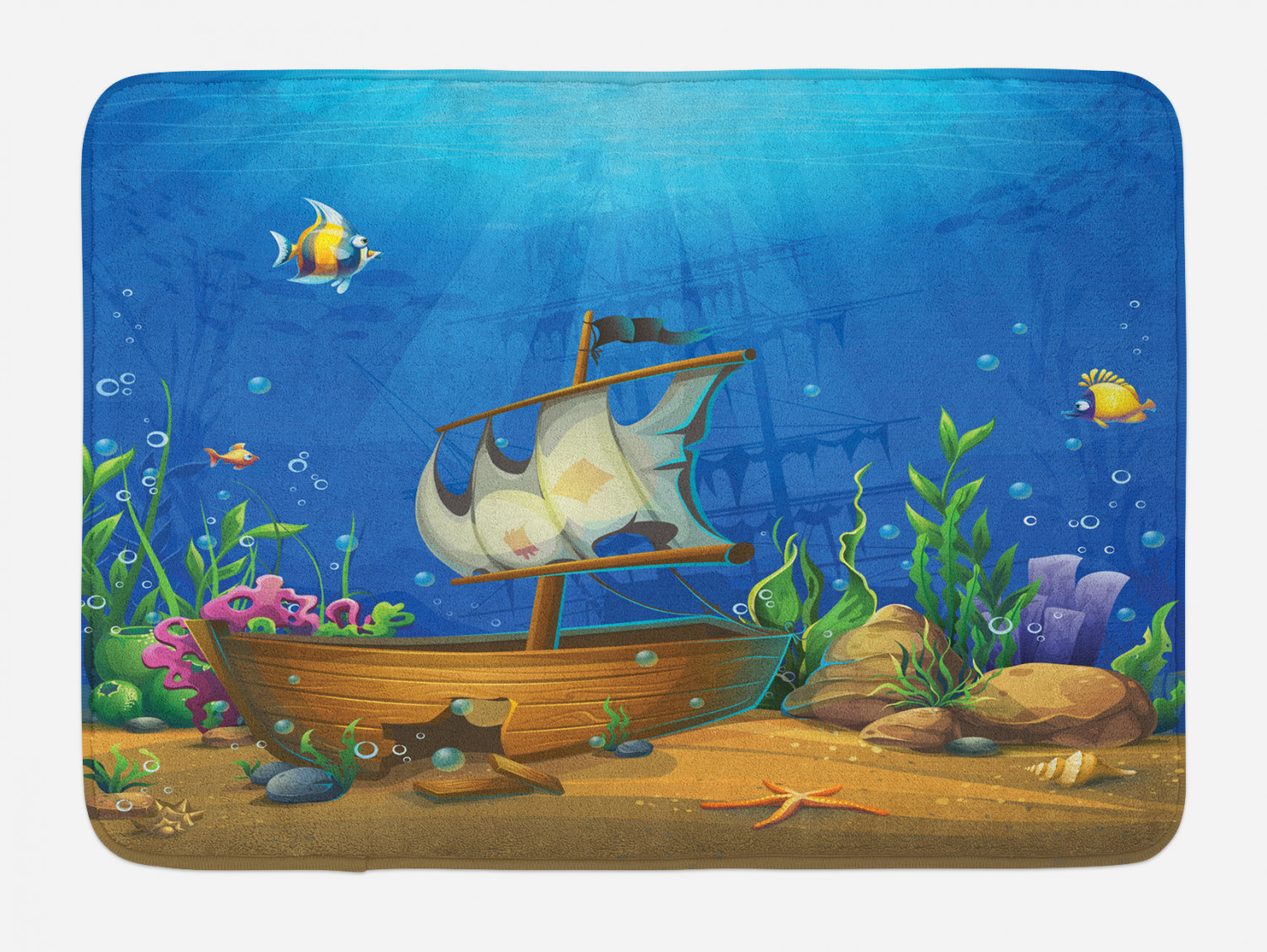 Deep Sea Bath Mat, Undersea World with a Ship Wreck and Different ...