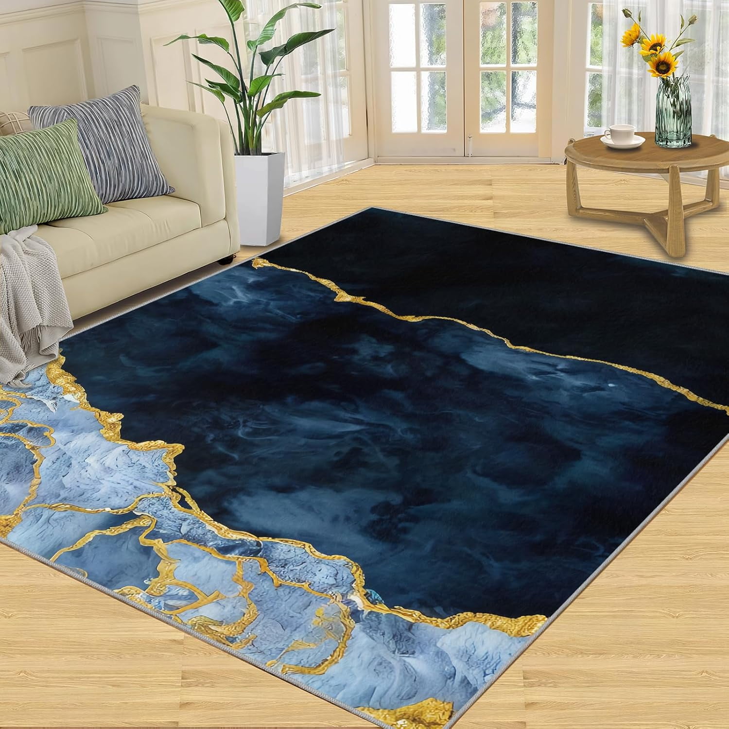Deep Sea Blue Rug, Dreamlike Marble Rugs for Bedroom, Washable Easy ...