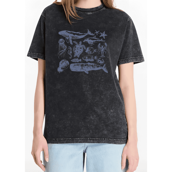Deep Sea Creatures Collage Washed Black Graphic Tees Print Tshirt ...