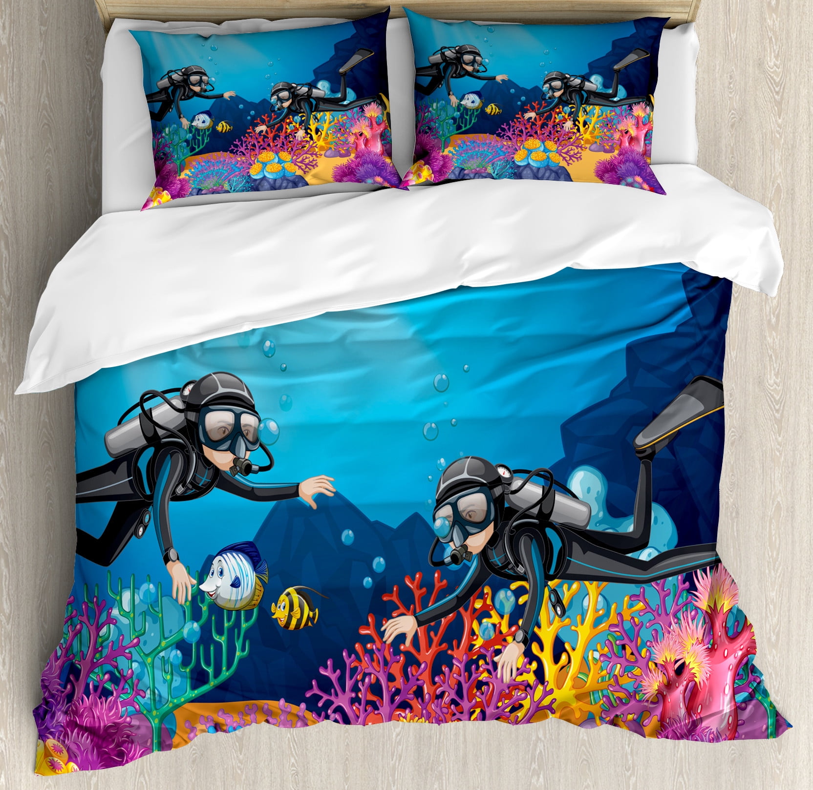 Deep Sea Duvet Cover Set, Scuba Diving Themed Cartoon Graphic of Divers ...