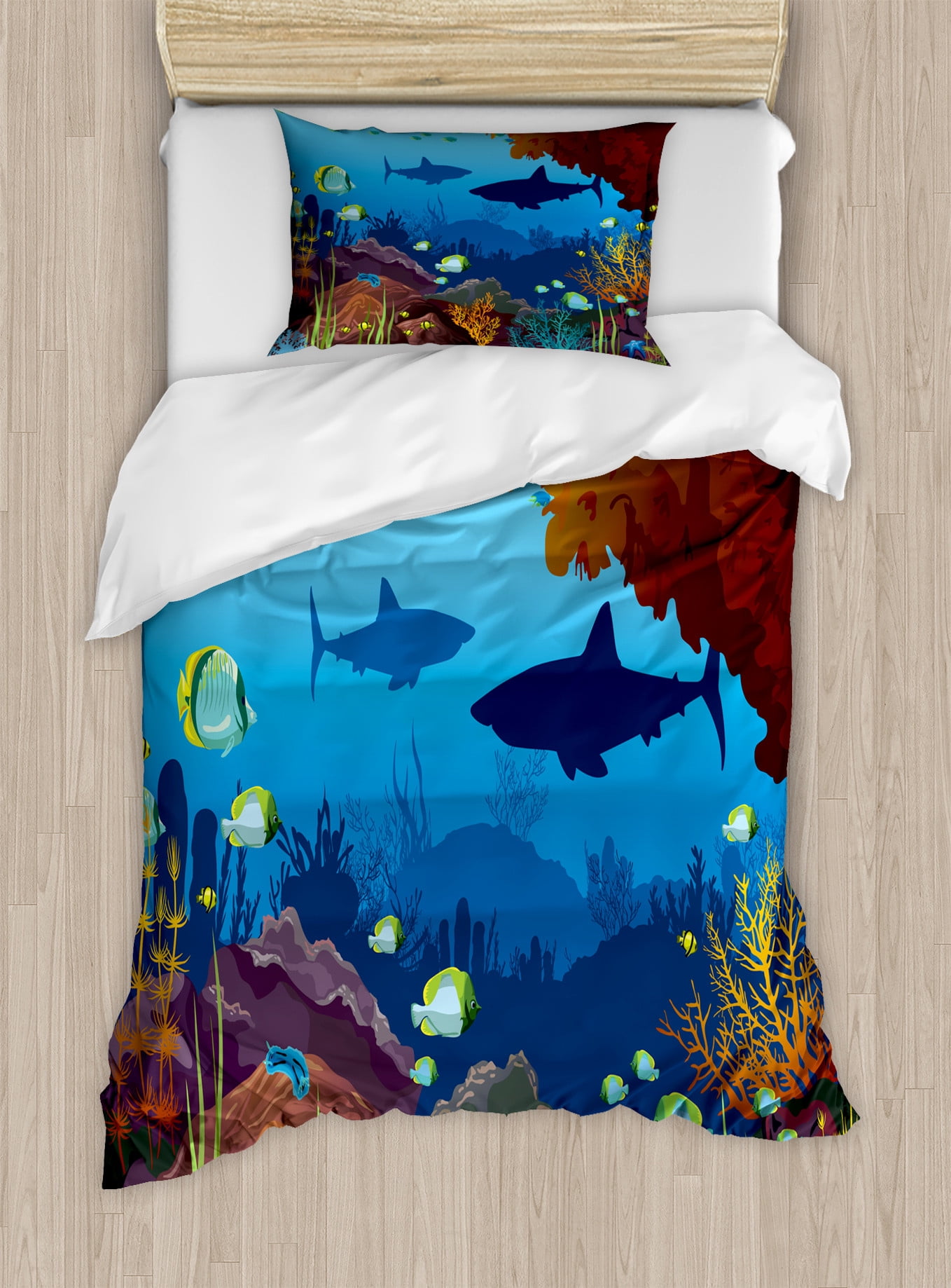 Deep Sea Duvet Cover Set, Underwater Ocean Marine Wildlife Cartoon with ...