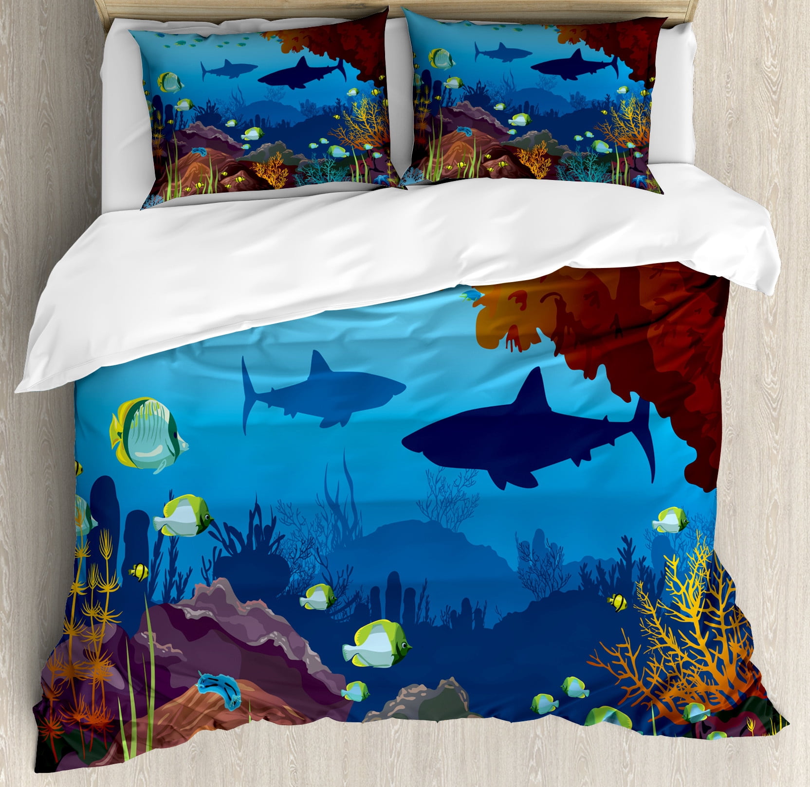 Deep Sea Duvet Cover Set, Underwater Ocean Marine Wildlife Cartoon with ...