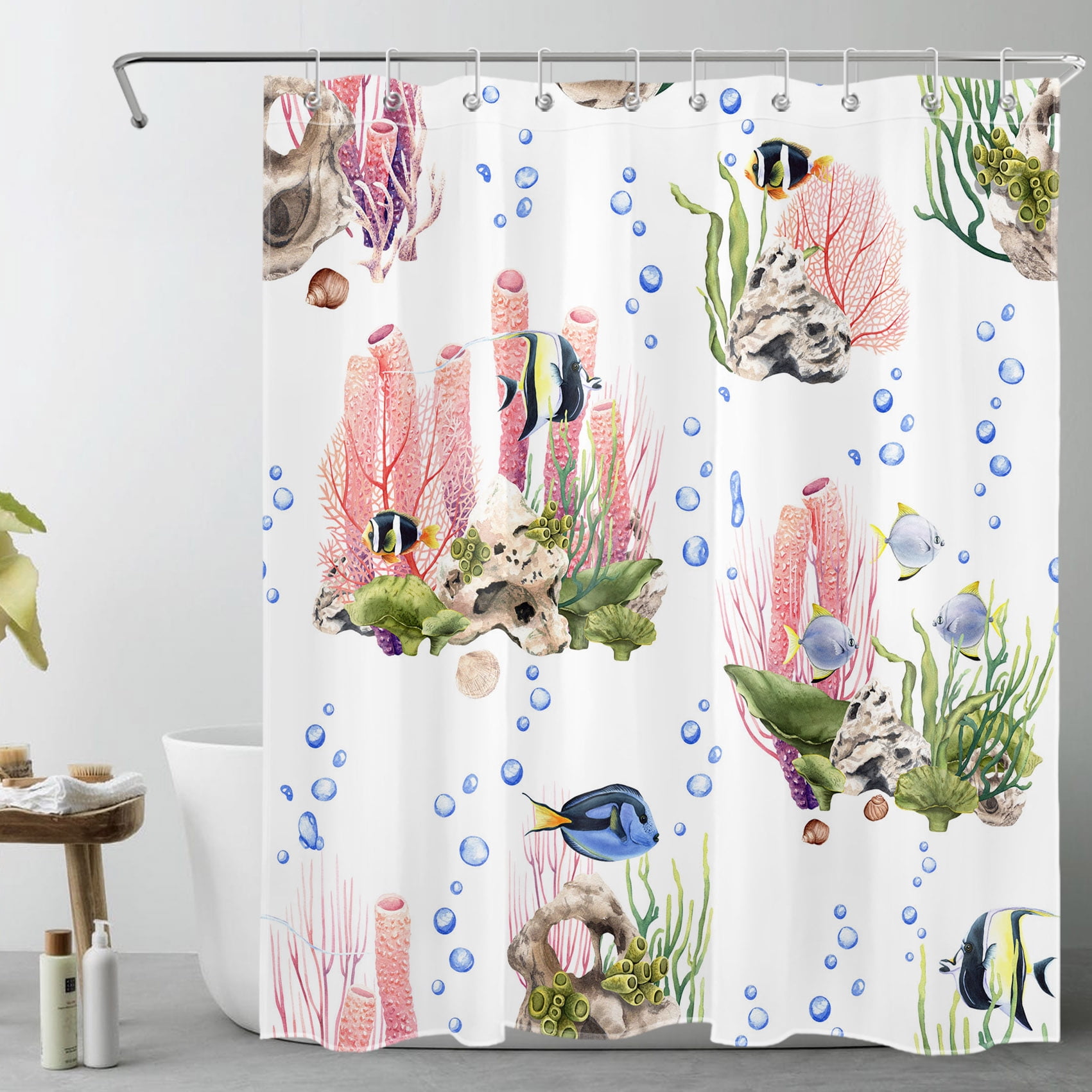 Deep-Sea Plant Fish Spitting Bubbles Shower Curtain for Bathroom Pink ...