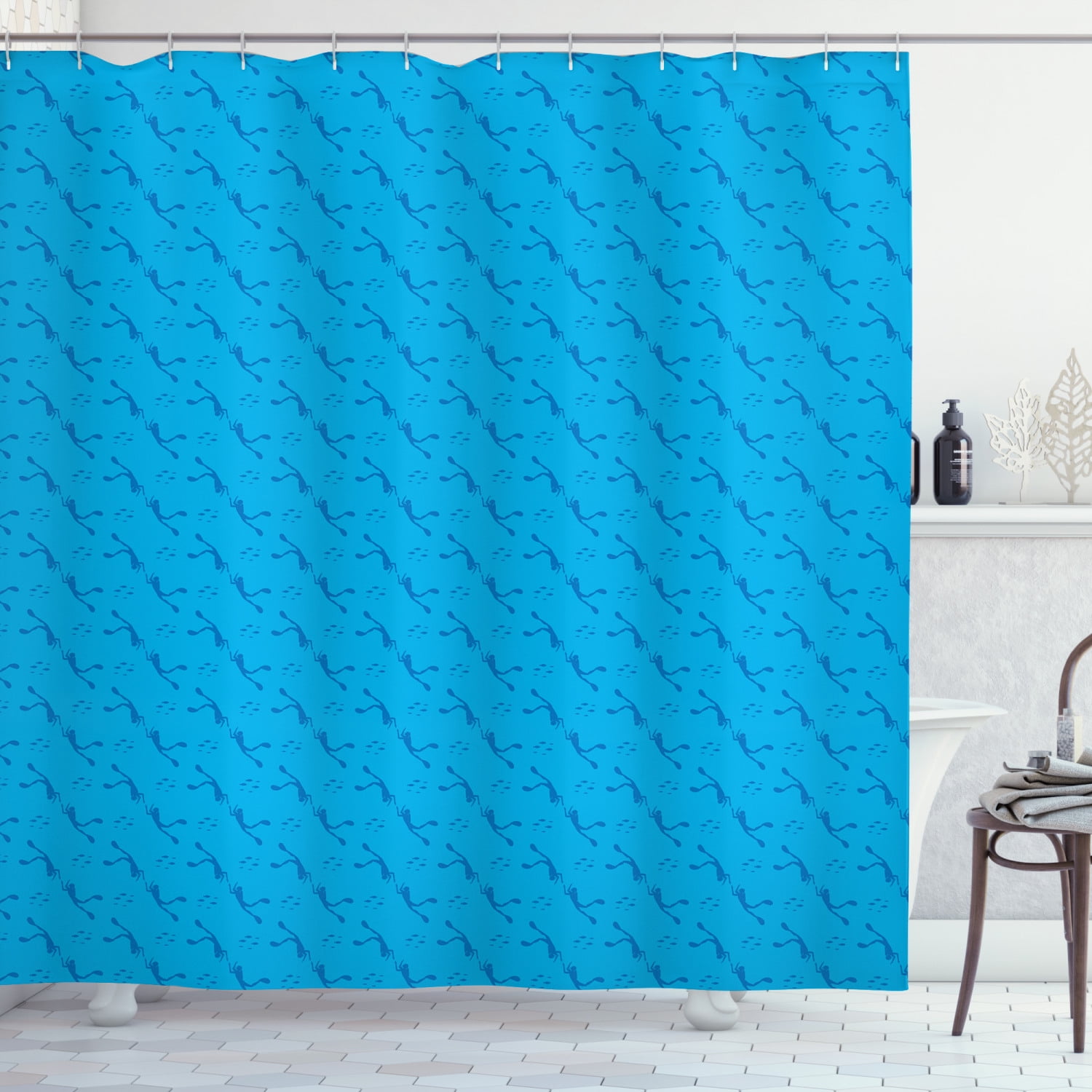 Deep Sea Shower Curtain, Marine-Themed Design Silhouettes of Divers ...