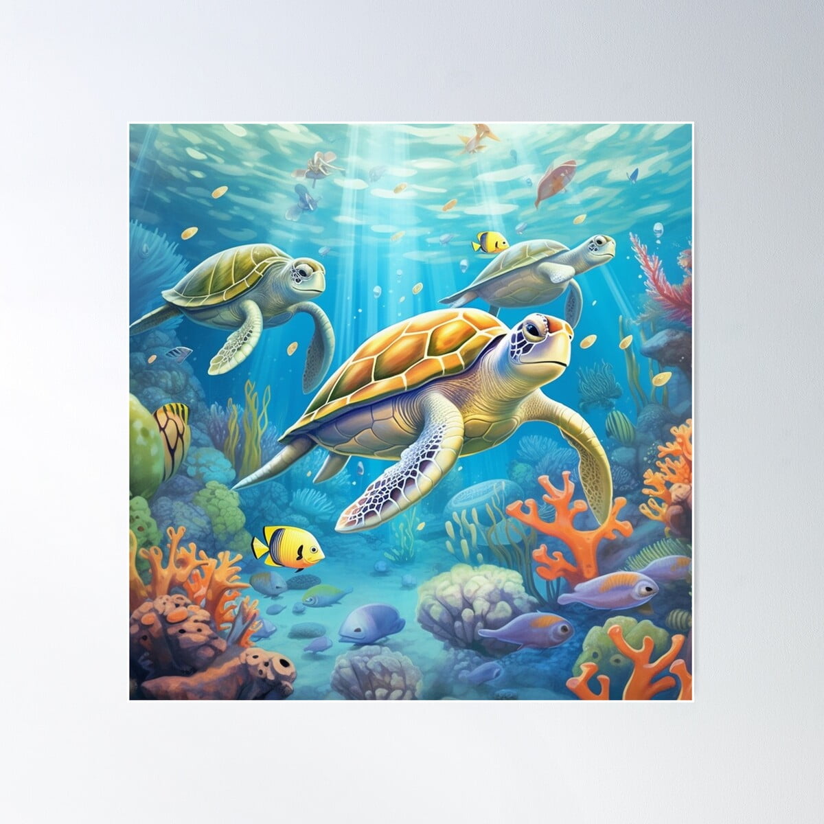Deep Sea Turtle In The Barrier Reef Poster Wall Art, Modern Wall Decor ...