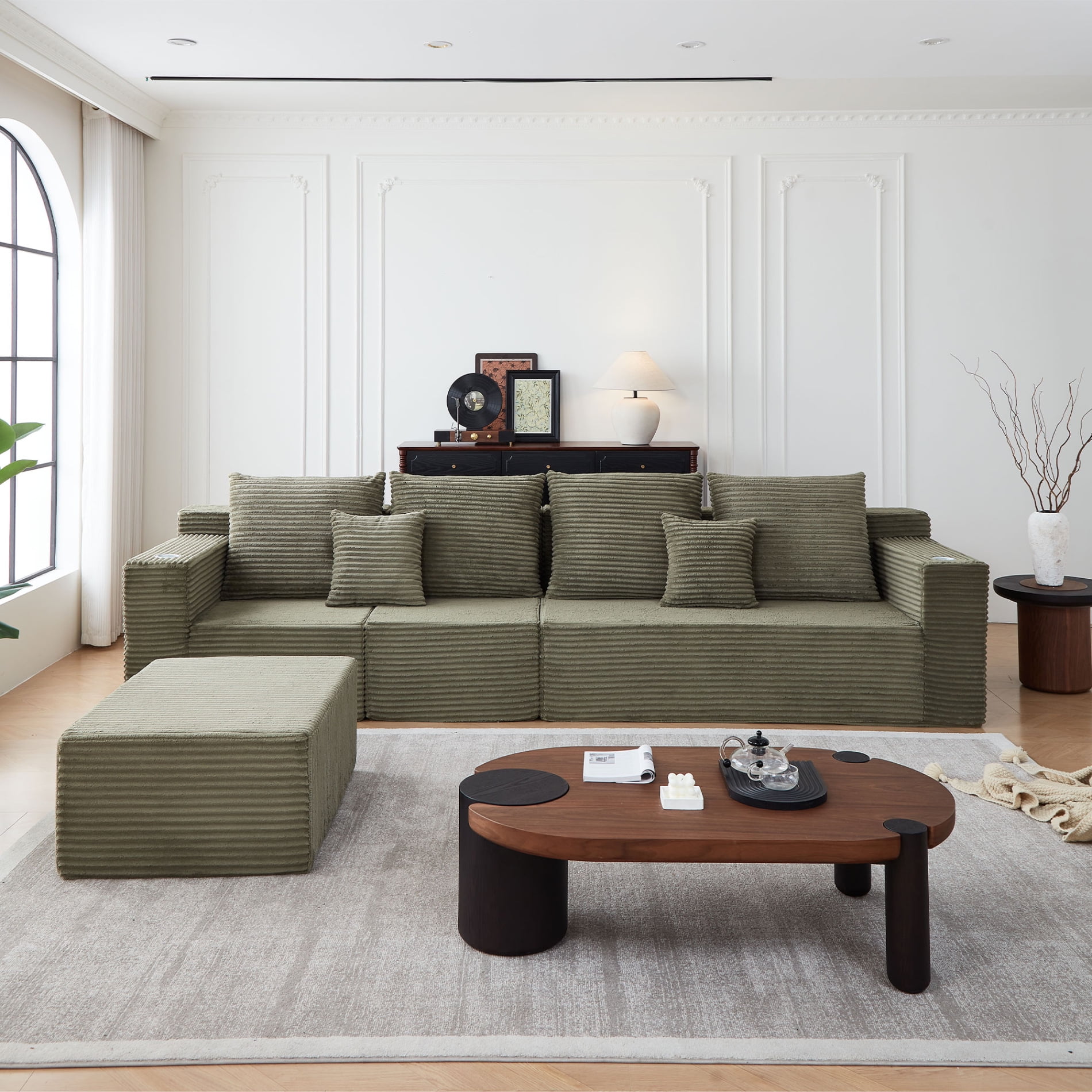 Deep Seat Corduroy Cloud Sofa with Built-In Cup Holders, Modular Design ...