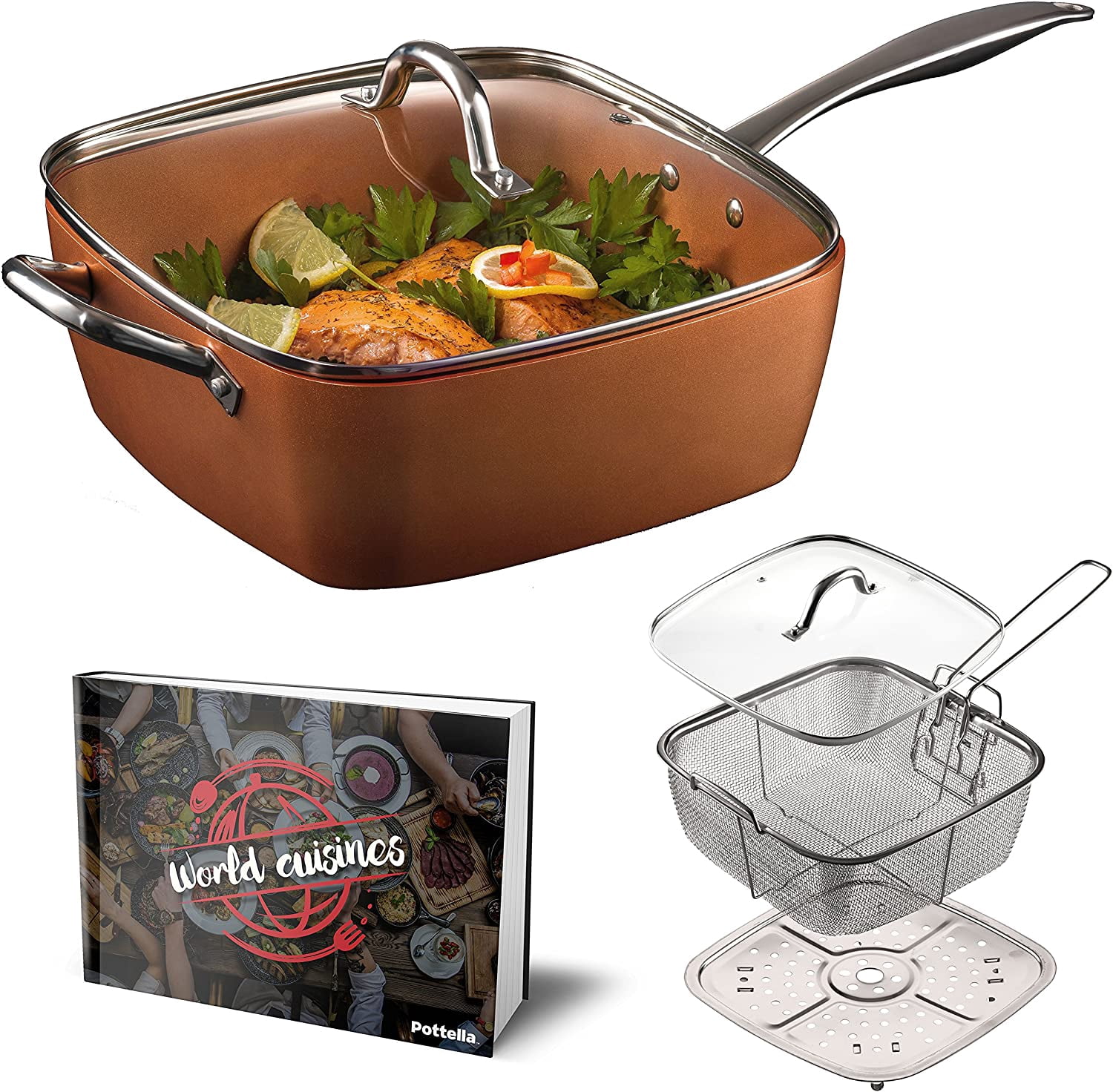 Deep Square 9.5” Nonstick Copper Pan Chef 5 Piece Set Frying Basket ...