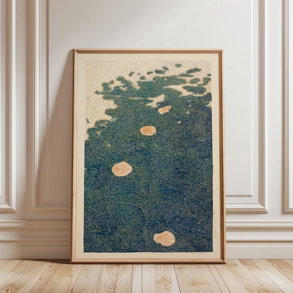 Deep Teal Peach Lotus Pond Woodcut Style Nature Wall Art Decor ...