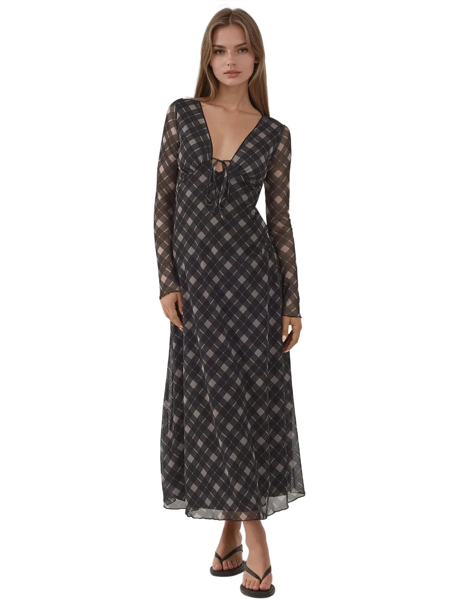 Deep V-Neck Elegant Midi Checkered Bodycon Dress - Walmart.com