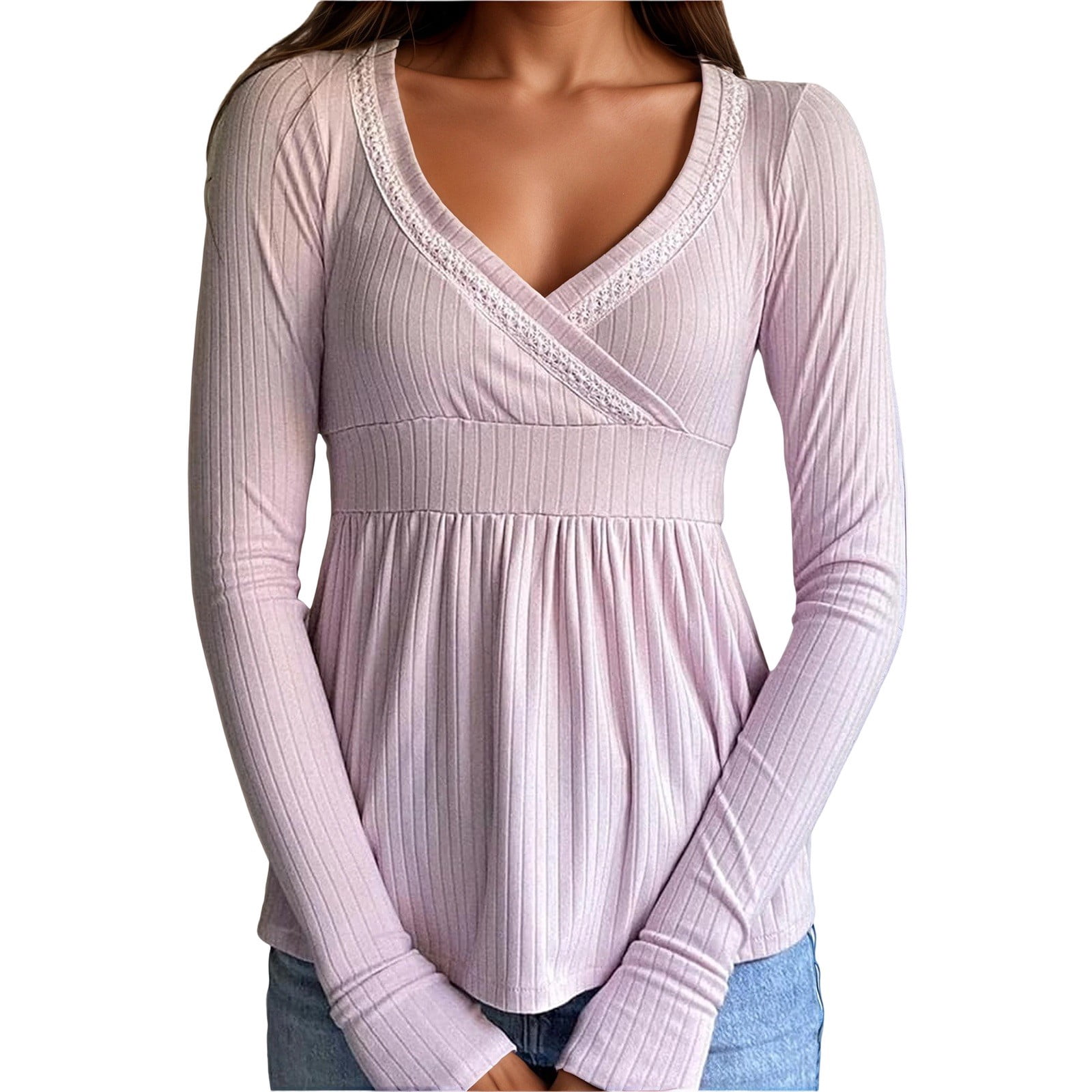Deep V Neck Lace Trimmed Design T Shirt for Elegant Waist Defining ...
