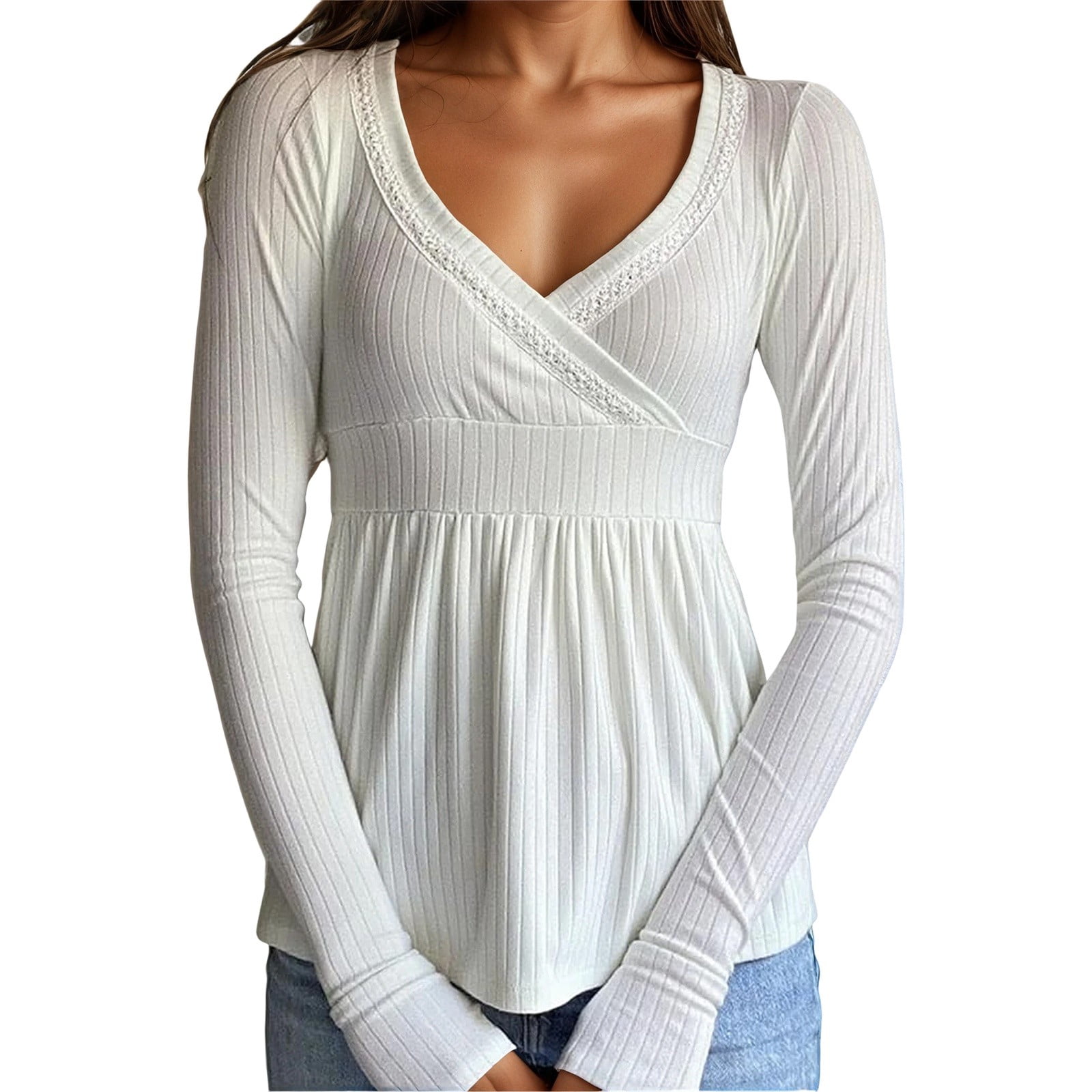 Deep V Neck Lace Trimmed Design T Shirt for Elegant Waist Defining ...