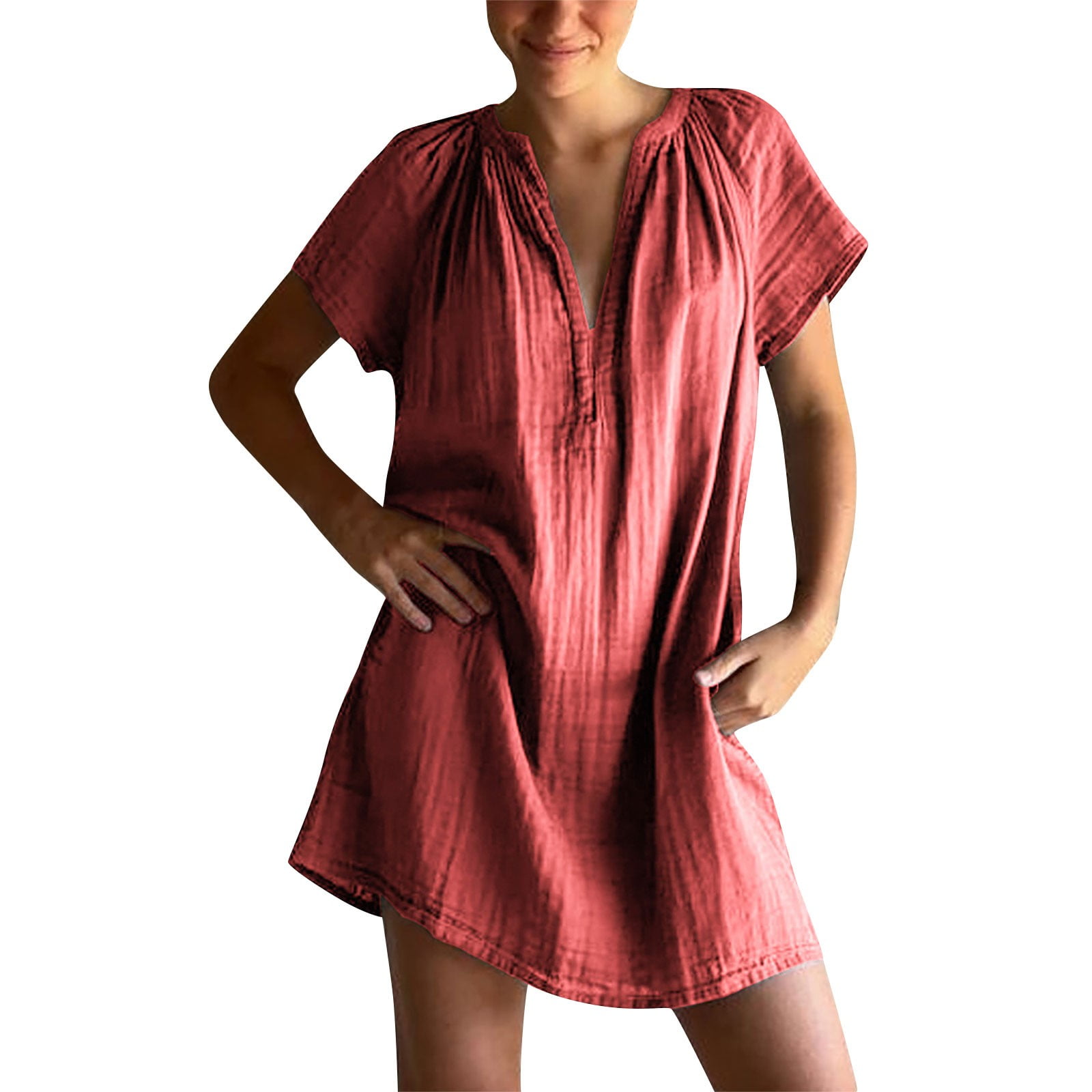 Deep V Neck Oversized Dress for Women Plus Size Cotton Linen Mini ...