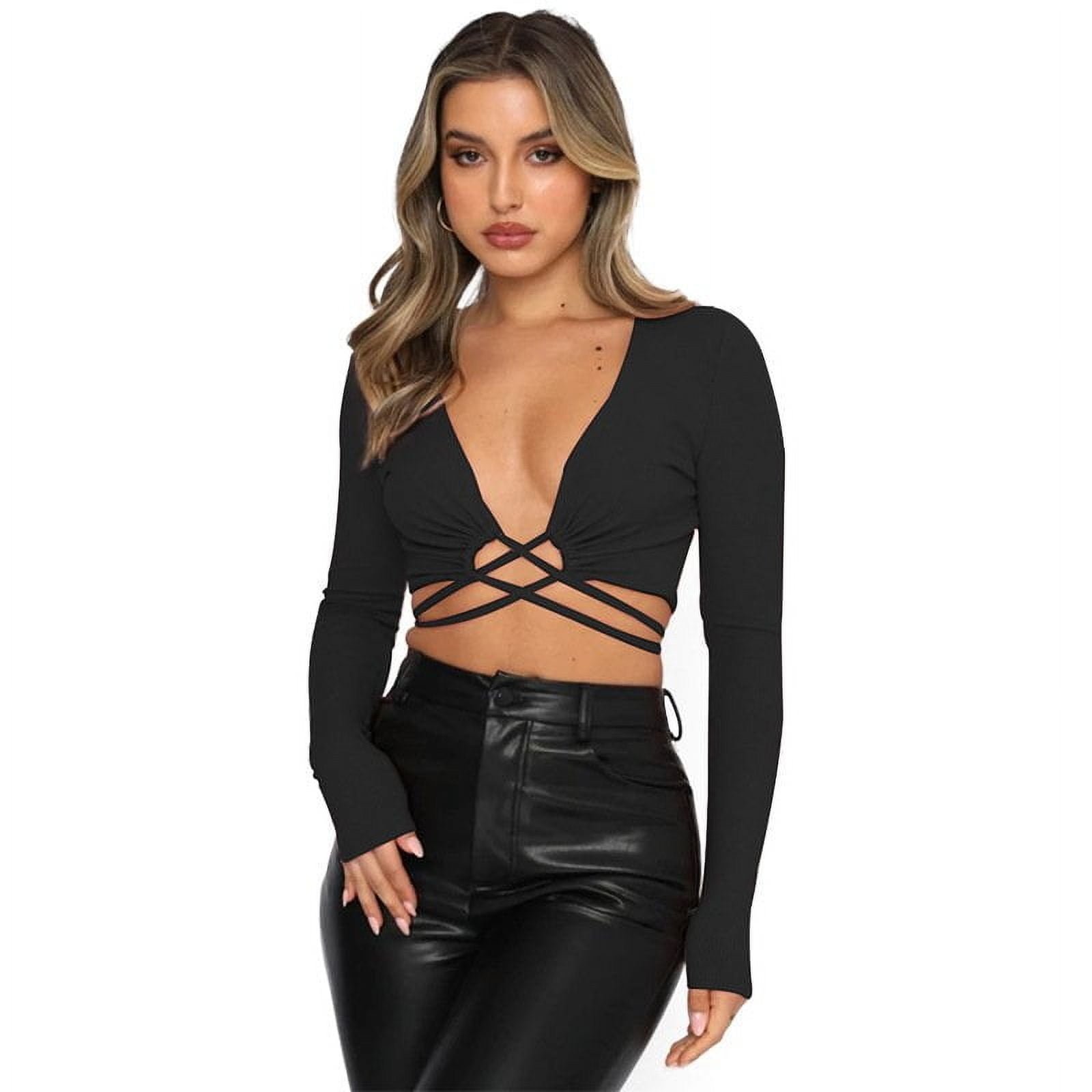 Deep V Neck Solid Criss Cross Crop Top (S, Black) - Walmart.com