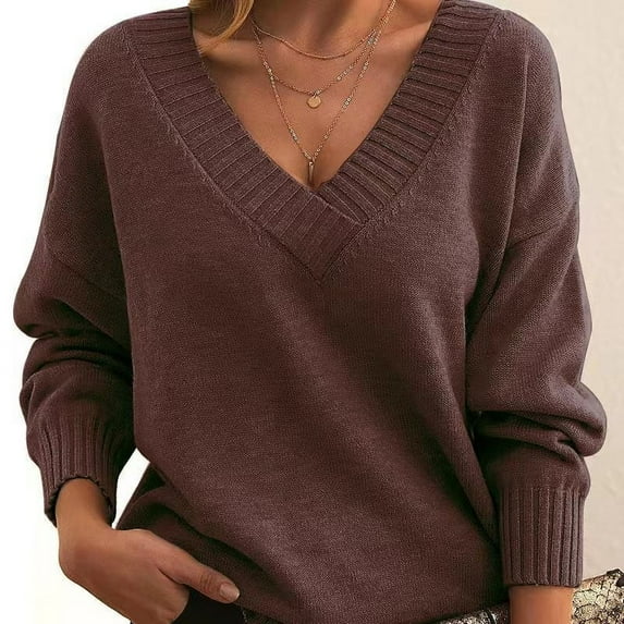 Deep V Neck Sweaters for Women Knit Loose Jumper Pullover Solid Color ...