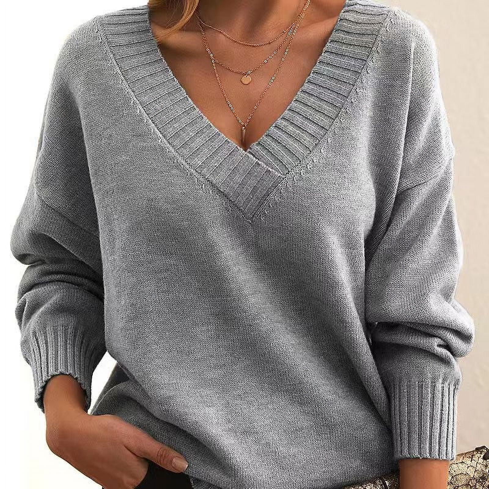Deep V Neck Sweaters for Women Knit Loose Jumper Pullover Solid Color ...