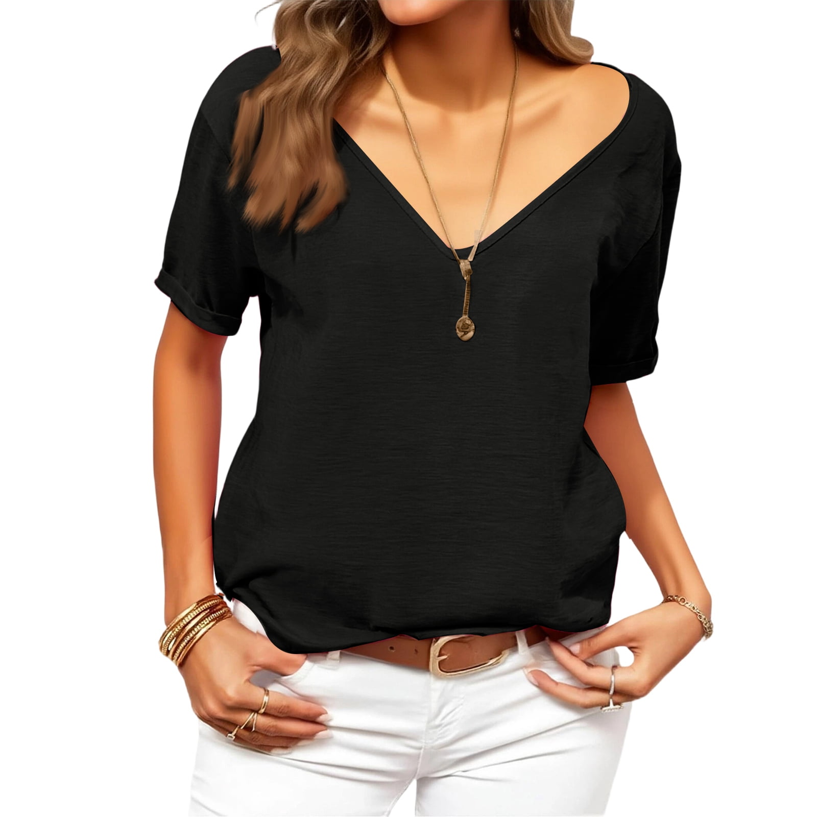 Deep V Neck T Shirts for Women Spring Summer Tops Dressy Casual Blouses ...