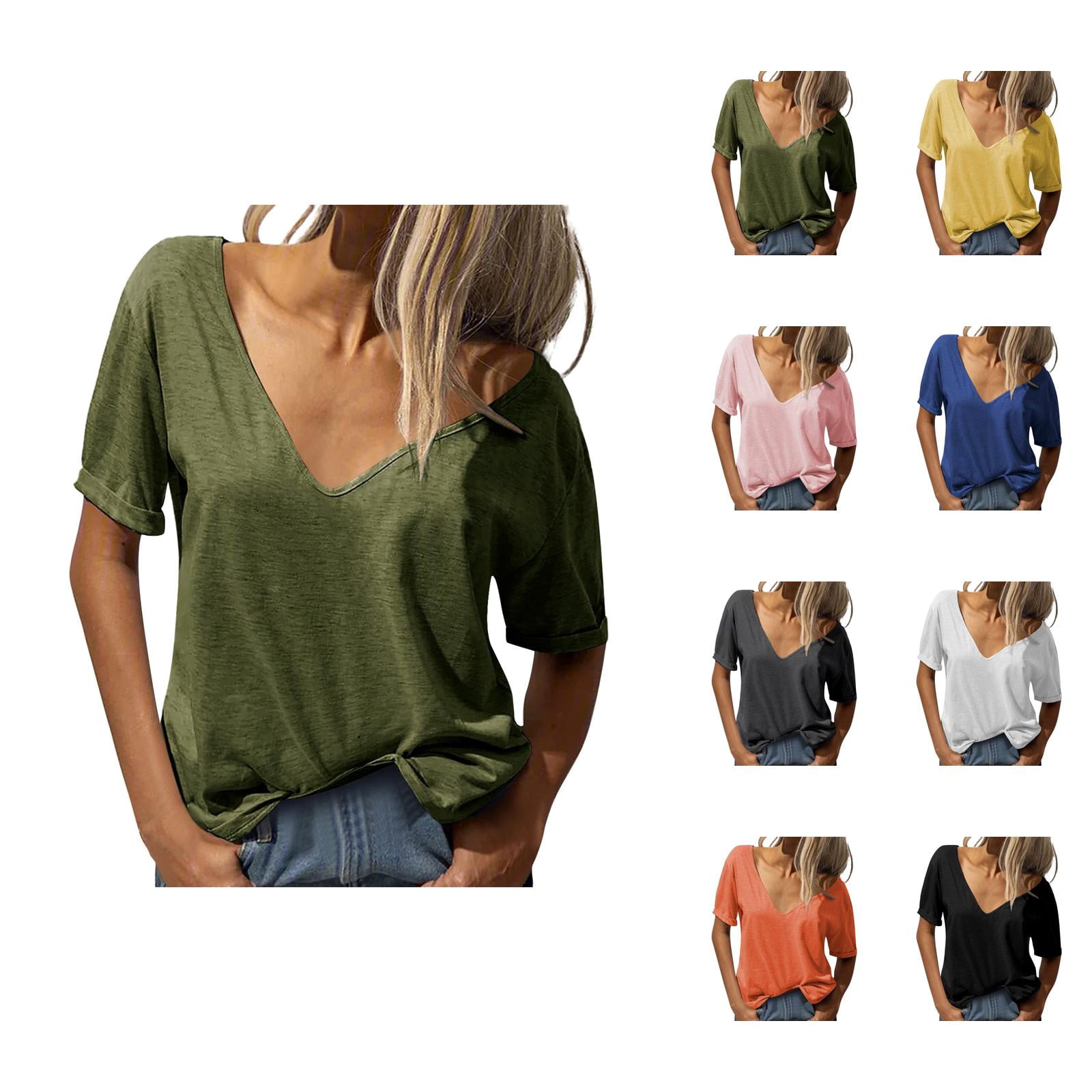 Deep V Neck Tee for Women Short Sleeve Rolled Cuff Loose Fit Solid ...