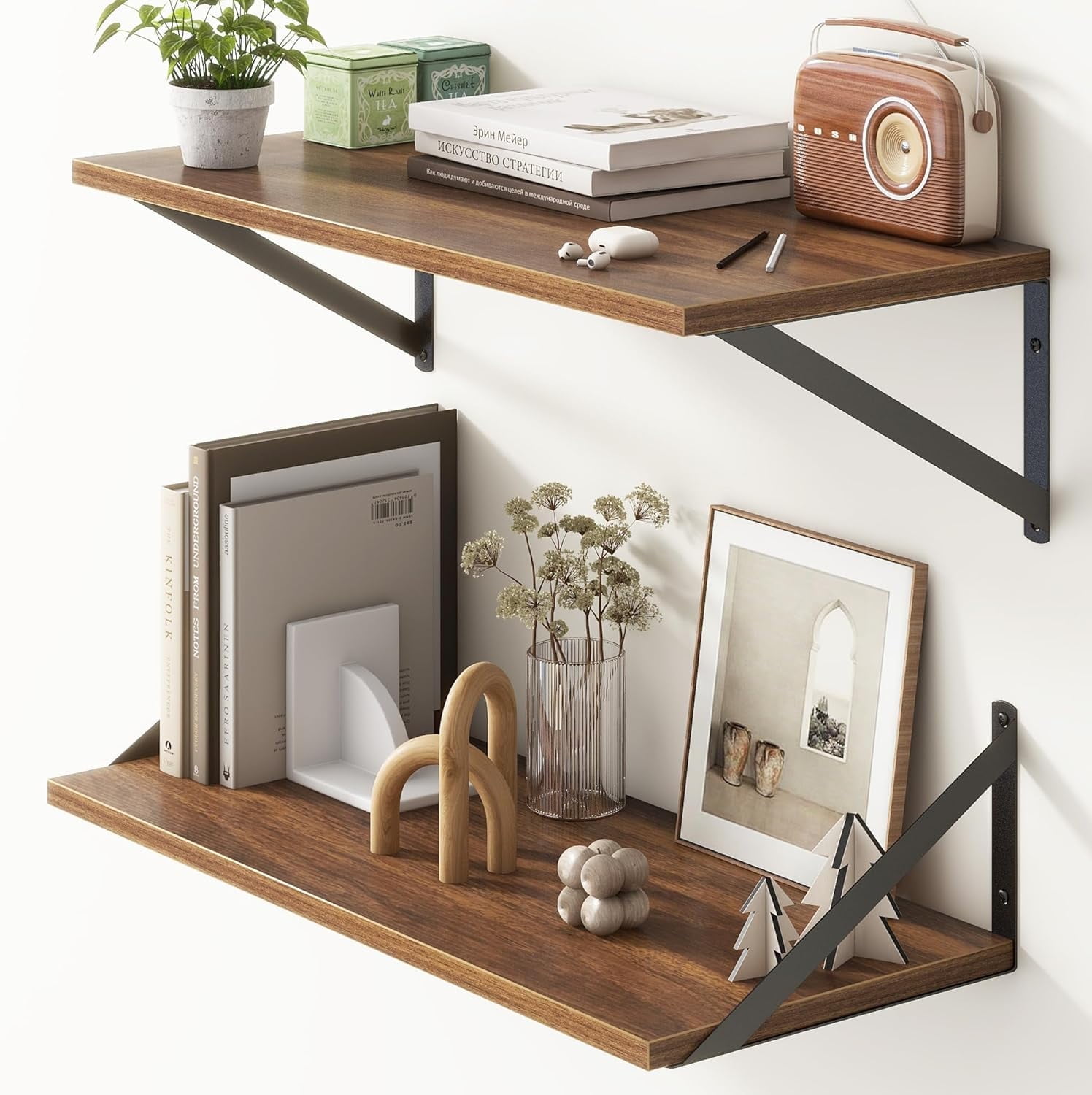 Deep Walnut Floating Shelves for Wall, 24"W x 10"D Wall Shelves Set of ...