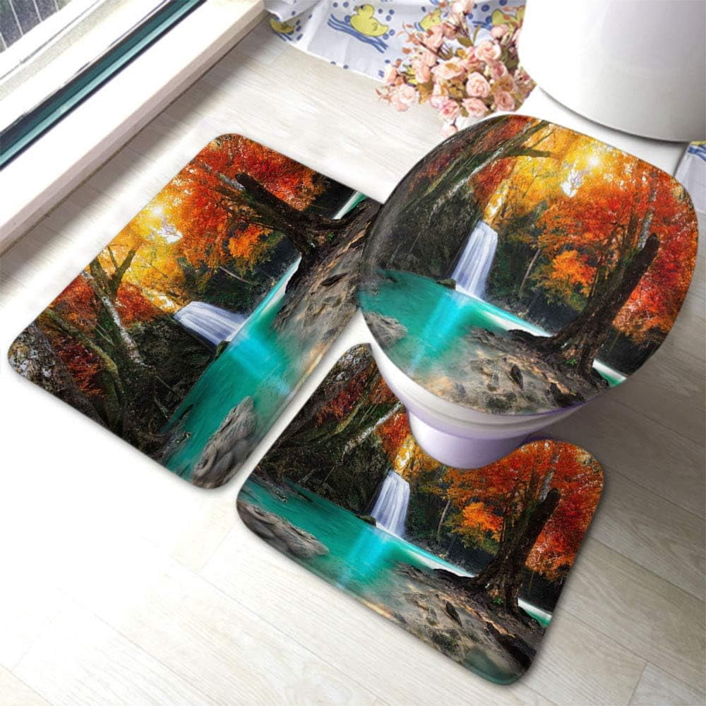 Deep Waterfall 3 Pieces Bathroom Rug Set Autumn Pond with Yellow Leaves ...